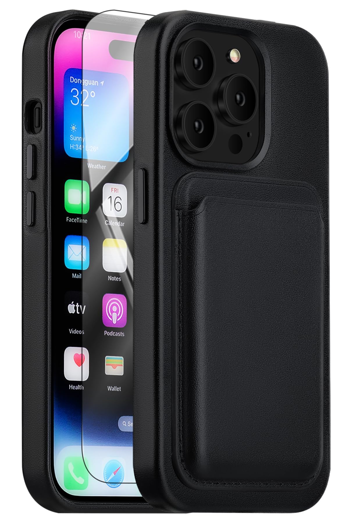 THMEIRA Compatible with iPhone 14 Pro Max Leather Case [ Compatible with MagSafe ] with Magnetic Wallet Card Holder [ PU Leather ] [ Slim Fit ] with Tempered Glass Screen Protector - Black