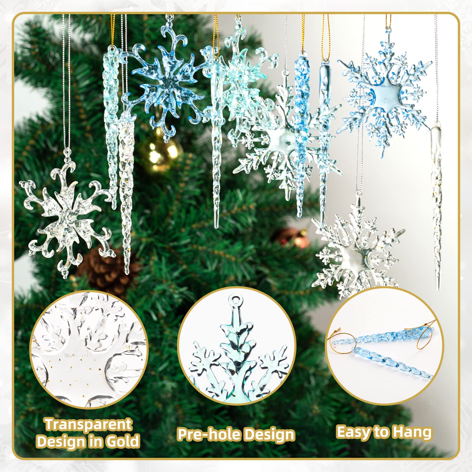 VGOODALL Christmas Snowflake Decorations, 36pcs Icicles Ornaments Set Clear Snowflake Acrylic Christmas Ornaments for Santa Outdoor Party Decoration Craft Projects