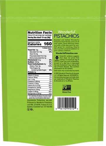 Wonderful Pistachios, No Shells, Roasted & Salted Nuts, 24 Ounce Resealable Bag, Good Source of Protein, Gluten Free, On the Go Snack