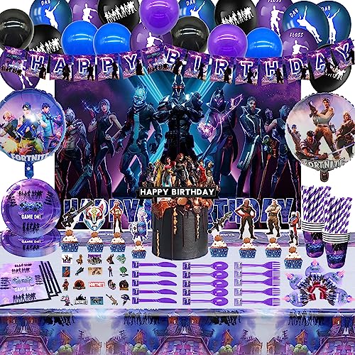 Video Game Party Supplie For 20 Guest, 288 Pcs Birthday Decorations includes Happy Birthday Banner, Backdrop, Balloon, Cake Topper, Tableware, Napkins, Stickers