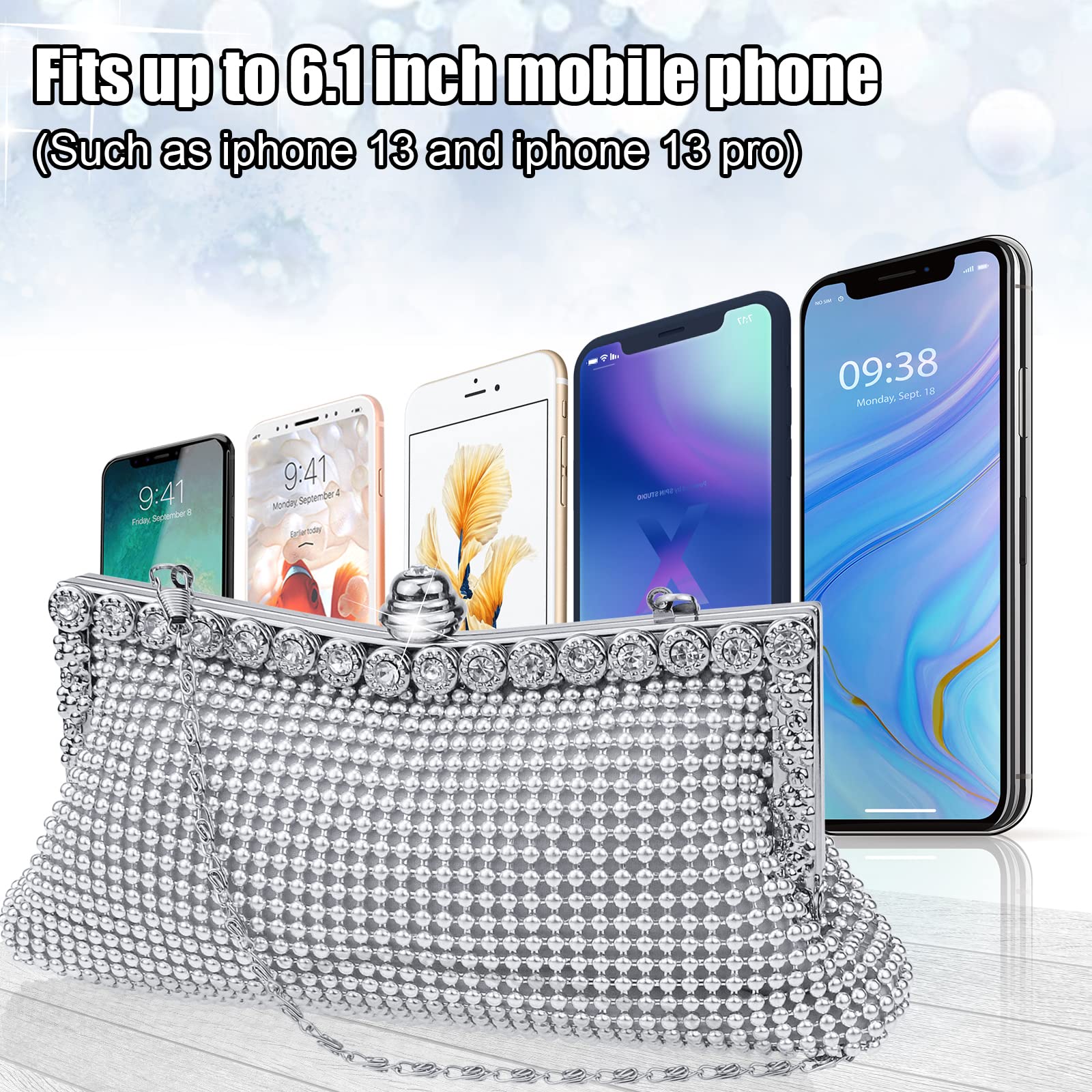 SelfTek Silver Clutch Purses Evening Bag for Women, Sparkly Rhinestone Purses Crystal Bag with Short & Long Chain for Women Wedding Prom Party