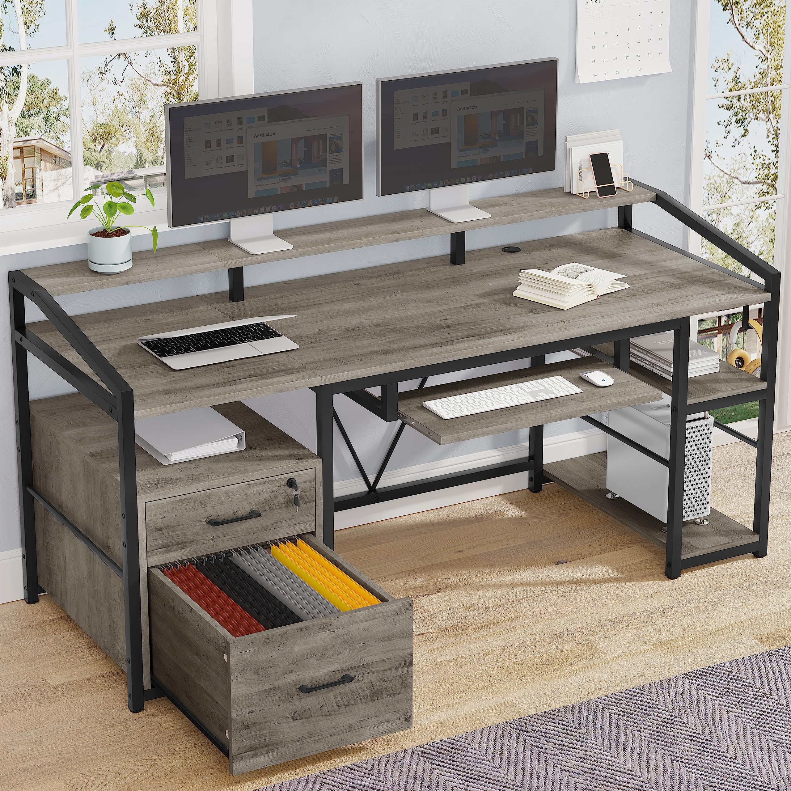 SEDETA Computer Desk, Desk with Lock Drawers for Legal, Letter File, Gaming Desk with LED Light & Power Outlets, Office Desks for Printer, Grey