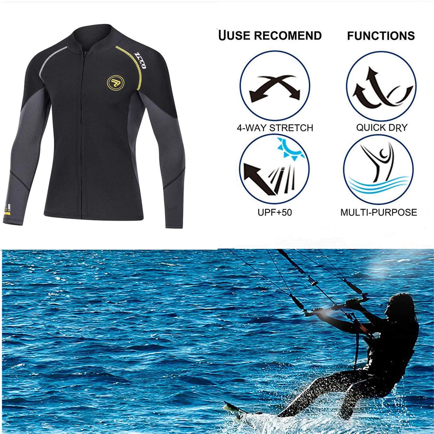 Wetsuit Top Men's 1.5mm Neoprene Wetsuits Jacket,Front Zipper Long Sleeves Diving Suit for Swimming,Diving,Snorkeling,Scuba,Surfing(Black, XL)