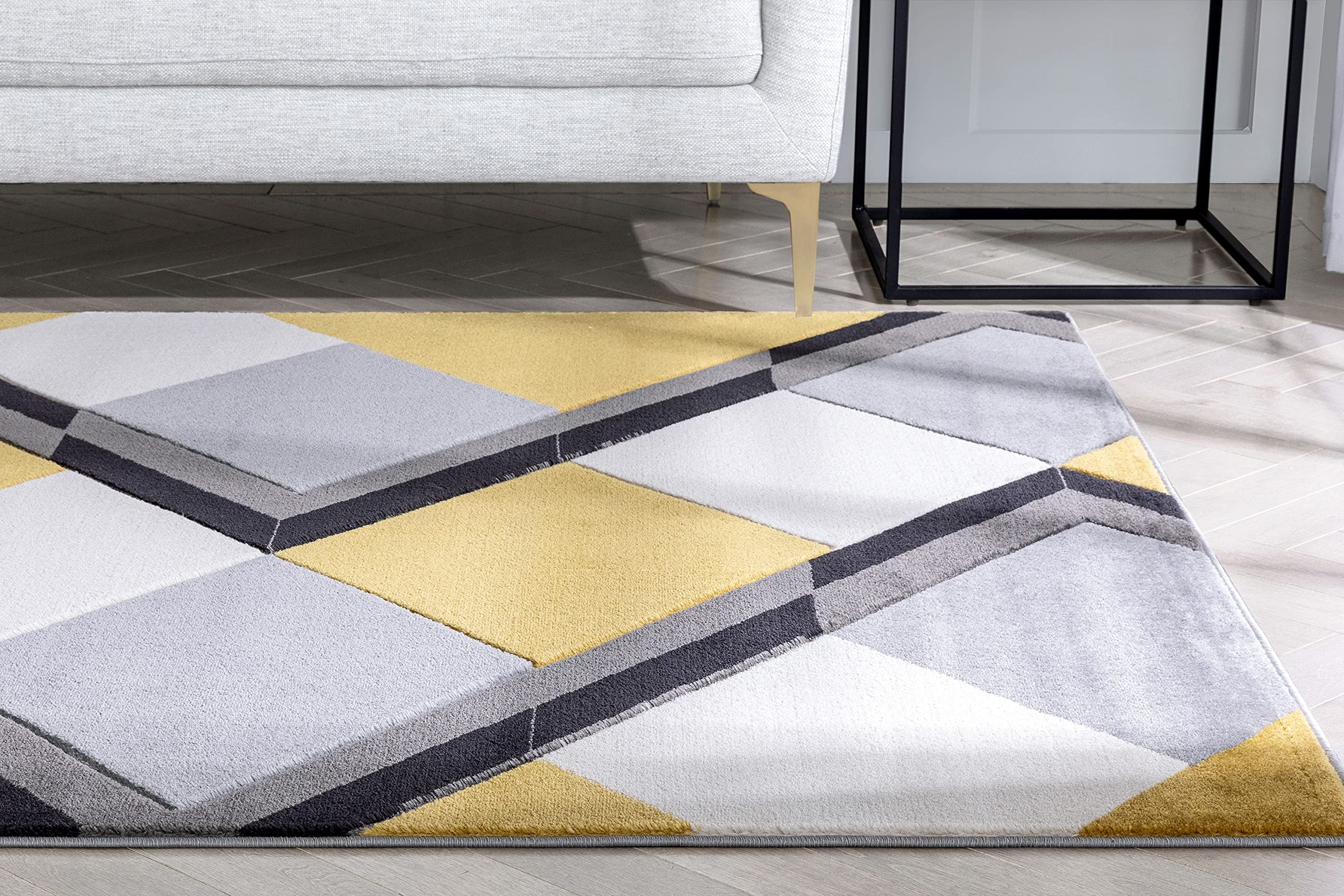 Well Woven Good Vibes Nora Gold Modern Geometric Stripes and Boxes 5'3" x 7'3" 3D Texture Area Rug