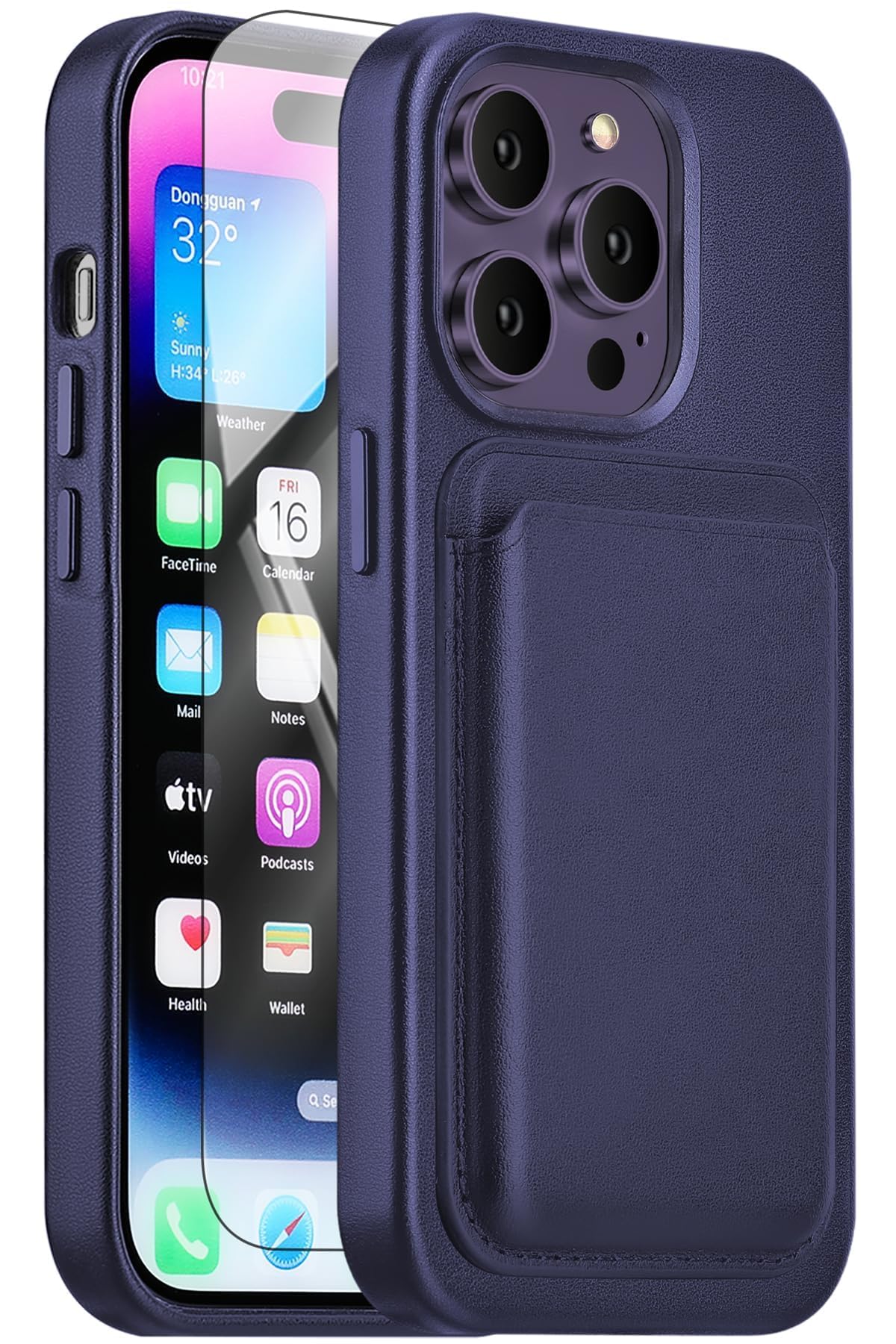 THMEIRA Compatible with iPhone 14 Pro Max Leather Case [ Compatible with MagSafe ] with Magnetic Wallet Card Holder [ PU Leather ] [ Slim Fit ] with Tempered Glass Screen Protector - Ink