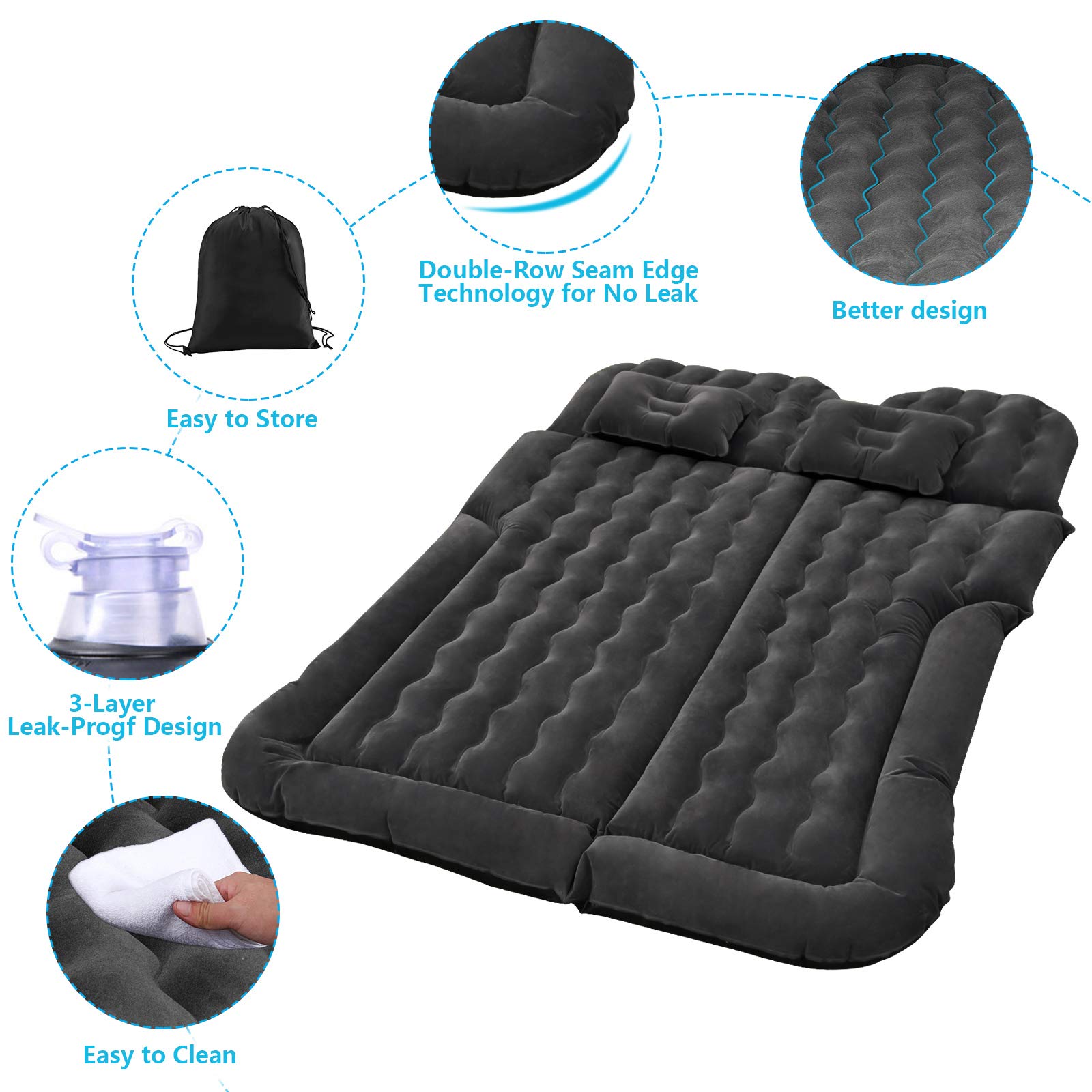 SUV RV Air Mattress Car Bed Camping Cushion Pillow - Inflatable Thickened Car Air Bed with Electric Air Pump Flocking Surface Portable Sleeping Pad for Travel Camping Minivan Van Trunk