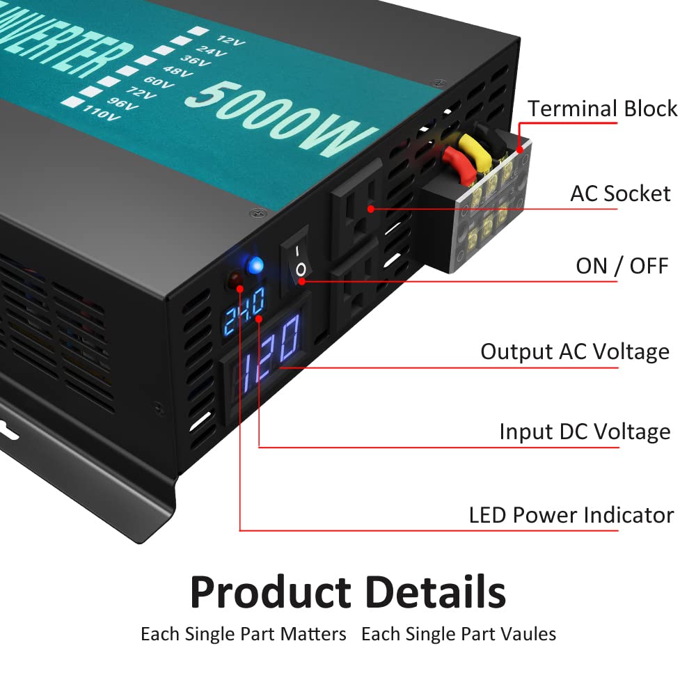 WZRELB Pure Sine Wave 5000W (10000W Surge) 24V Power Inverter DC to AC Power - Solar, RV, RBP-S500024