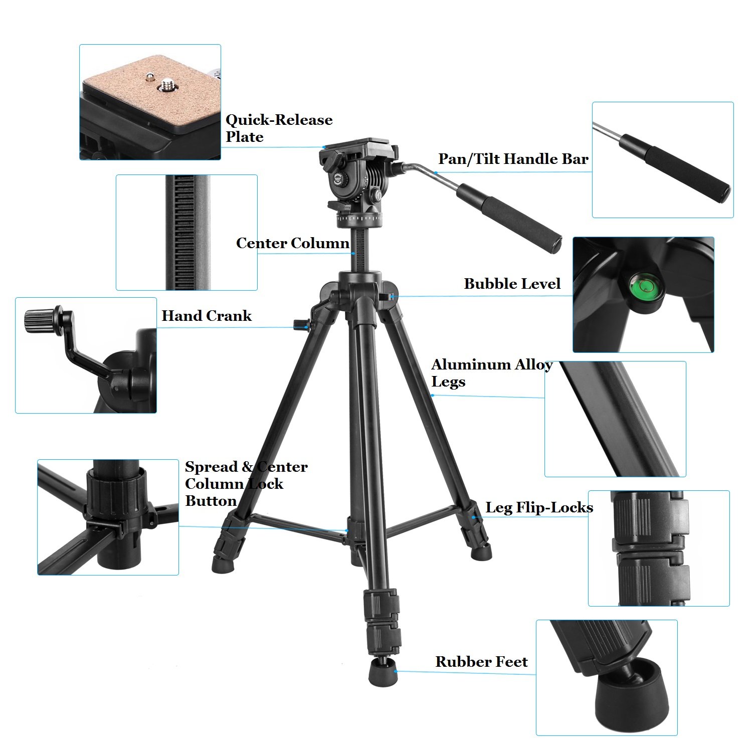Video Tripod with Fluid Head, Kamisafe VT-1500 Heavy Duty Tripod Camera Stand Fluid Head Tripod for Video Camera DSLR Camcorder Nikon Canon Sony with Carry Bag, Extends to 65", Max Load 22 lbs