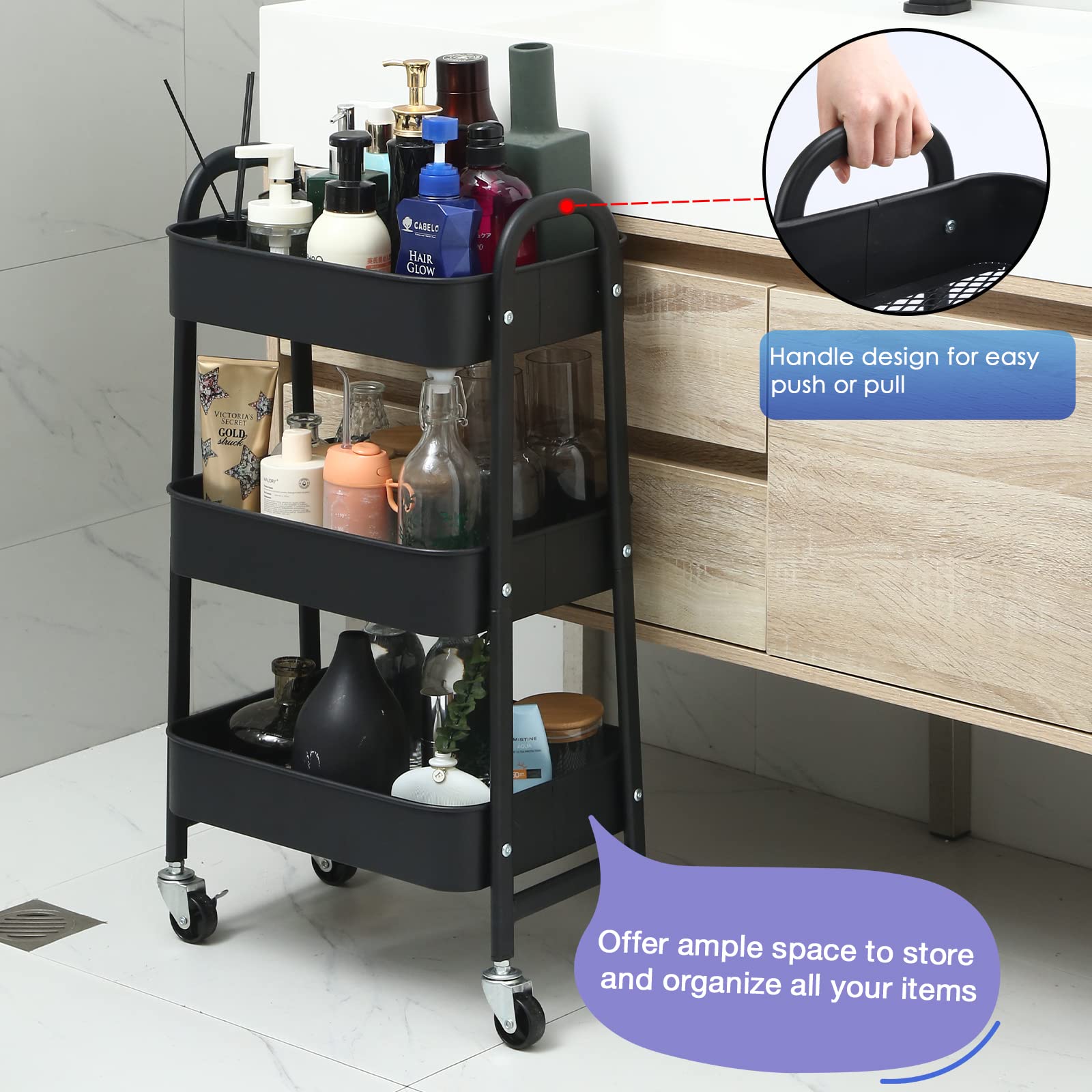 WELL-STRONG Metal Storage Trolley - 3-Tier Rolling Cart with Lockable Wheels - Multi-Purpose Utility Cart with Handle - Mobile Shelving Organizer for Bathroom, Office, Kitchen, Bedroom, Garage Black