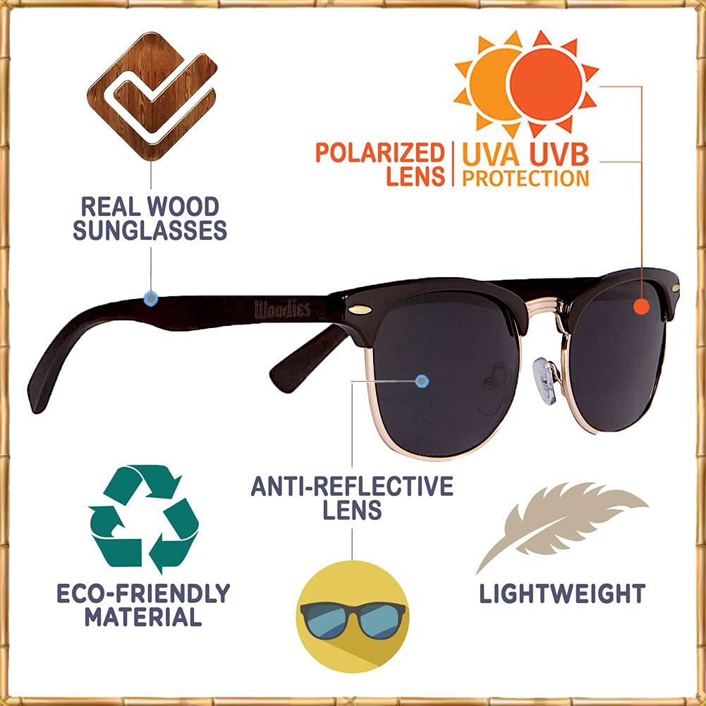 Woodies Wood Semi Rimless Sunglasses Polarized Black Lenses for Men & Women - Beach Ebony Wooden Frame - 100% UVA UVB Ray Protection