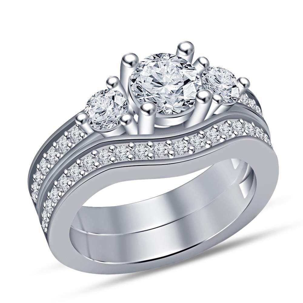 TVS-JEWELS Round Cut White Cubic Zirconia 925 Sterling Silver Women's Bridal Wedding Ring Band Set (7)