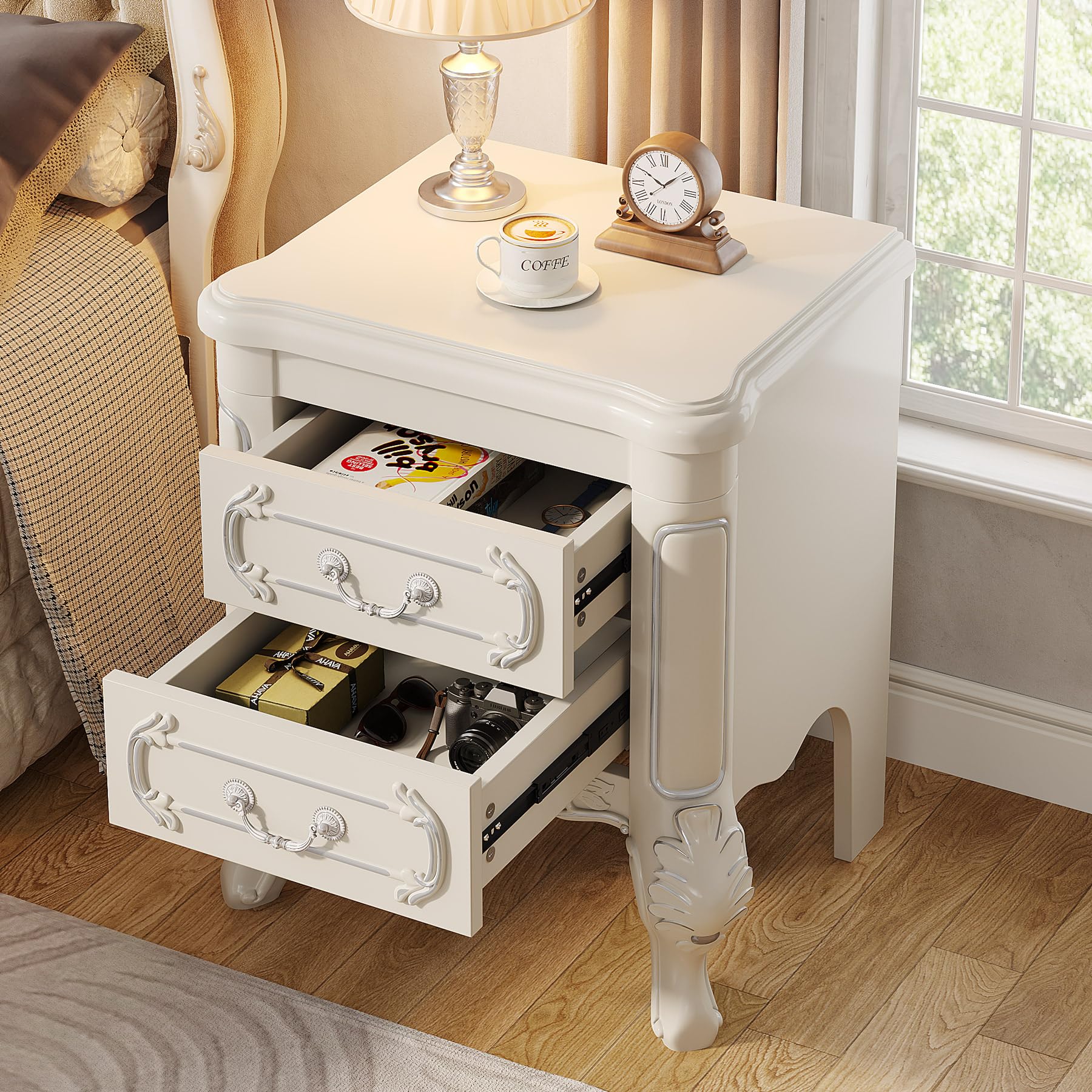 Tribesigns White Nightstand, End Table with 2 Drawers, Carved Bedside Tables, Side Table for Bedroom, Living Room, Classic Bedroom Furniture, Night Stand(1PC