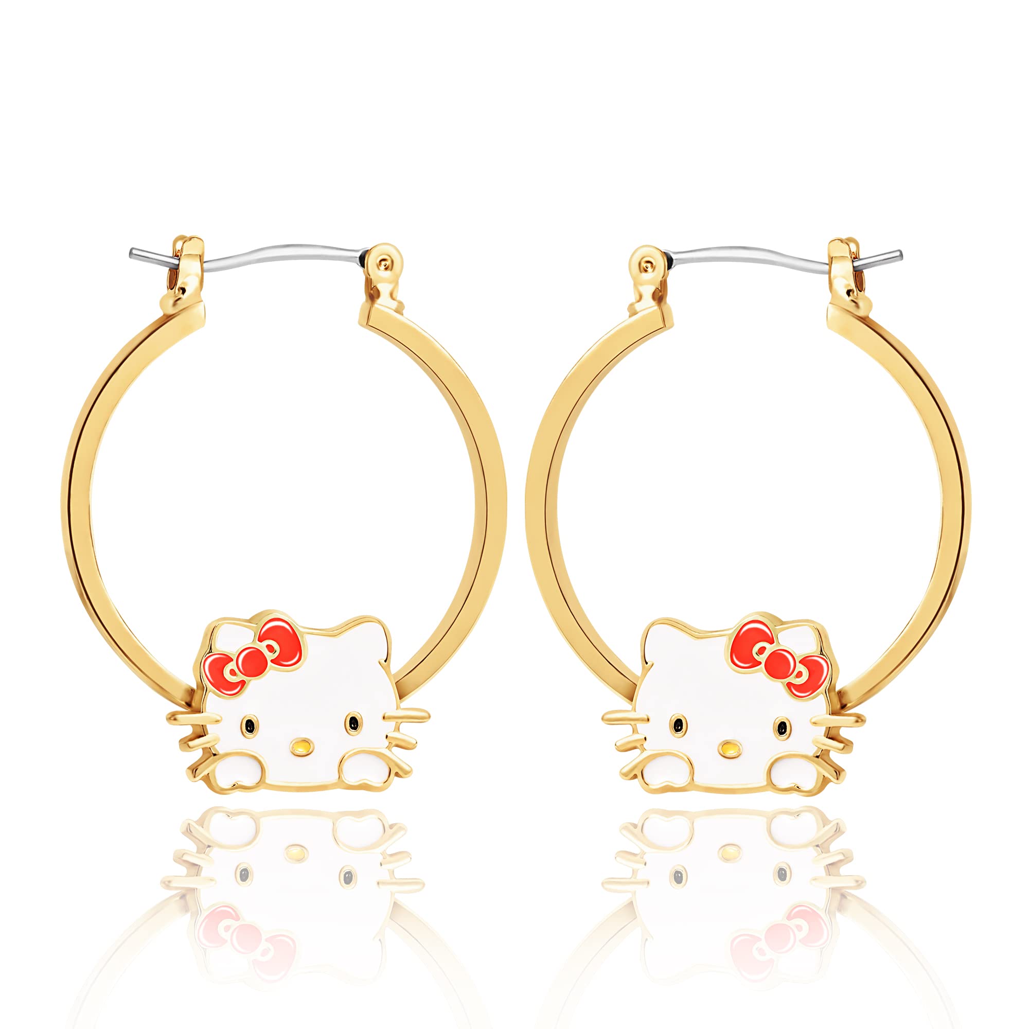 Sanrio Hello Kitty Womens Hoop Earrings - Gold Flash Plated and Enamel Hello Kitty Earrings Officially Licensed