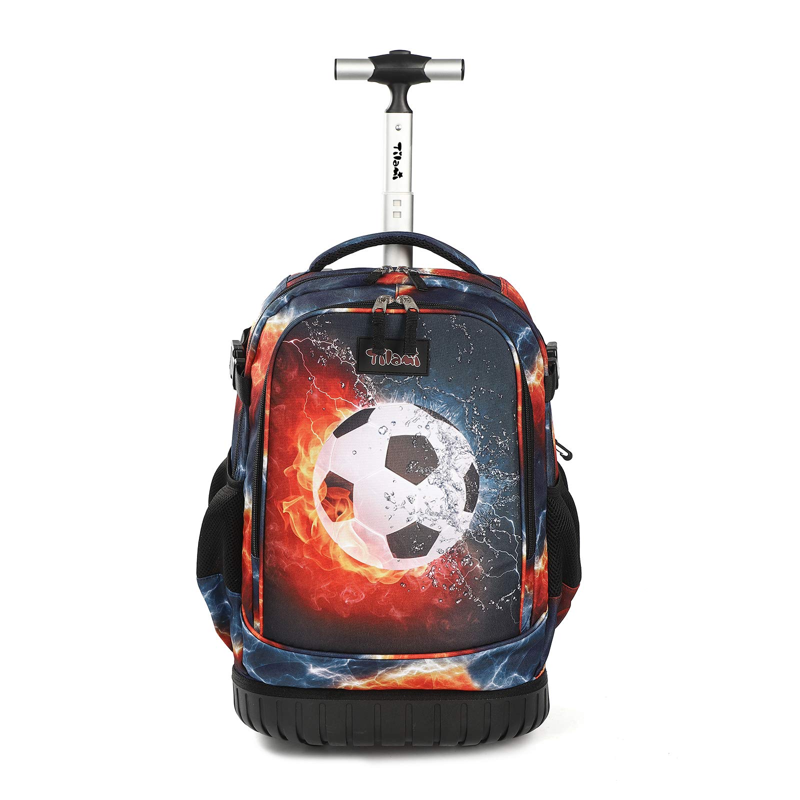 Tilami Rolling Backpack with Trolley Wheeled Design, Cute Cartoon Printed for Boys and Girls, Travel, School, Student Trip (19 Inch, Football)