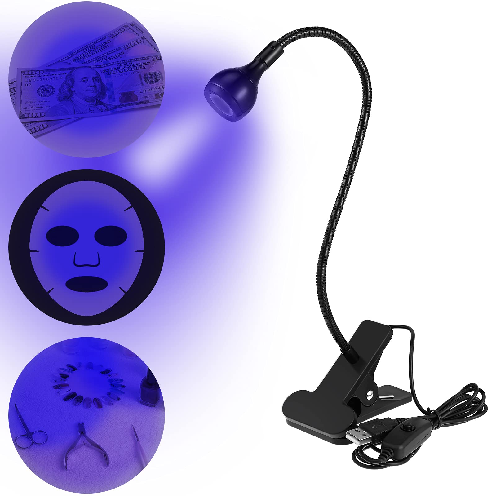 VIHOSE Big Chip 395nm UV LED Light Fixtures with Gooseneck and Clamp Mini Desk Light Clamp Portable Gooseneck for Outdoor Stall Gel Nail Curing, 5V USB Input(Black,2 Pieces)