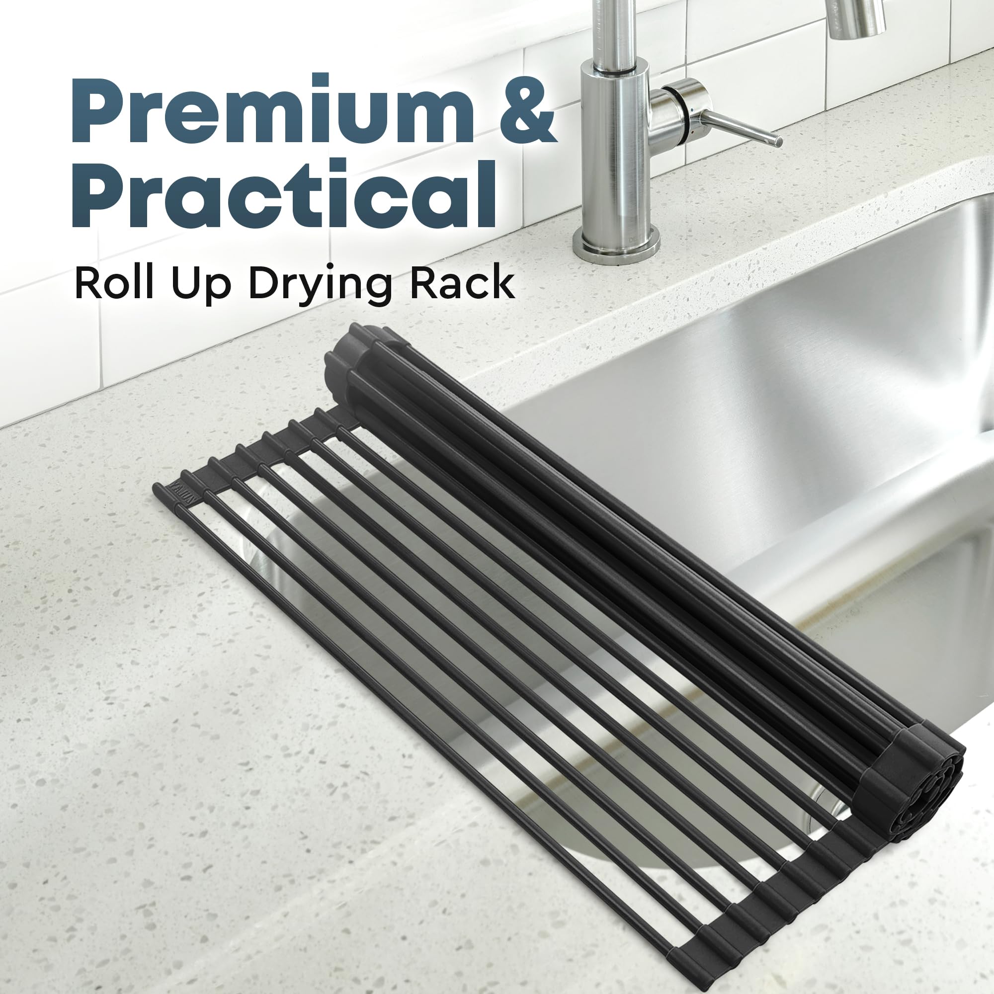 Zulay 20.5" x 13" Roll Up Drying Rack - Silicone-Coated Stainless Steel Over Sink Dish Drying Rack - Multipurpose Foldable Sink Rack for Kitchen Counter - Non-Slip, Heavy-Duty Drying Rack (Black)