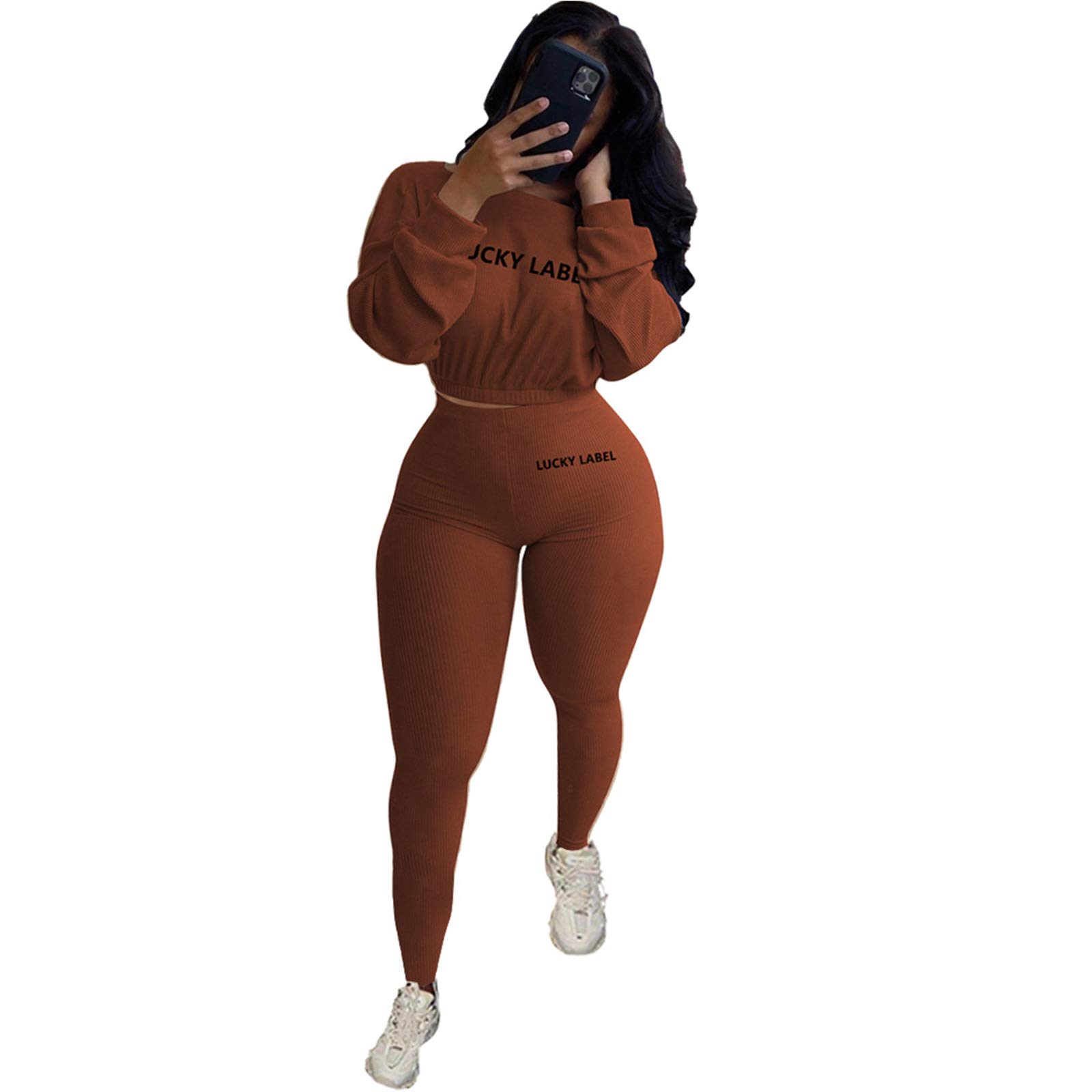 Women 2 Piece Outfits Sweatsuit Set Ribbed Long Sleeve Crop Top Bodycon Pants Tracksuit Jogger Set Black L