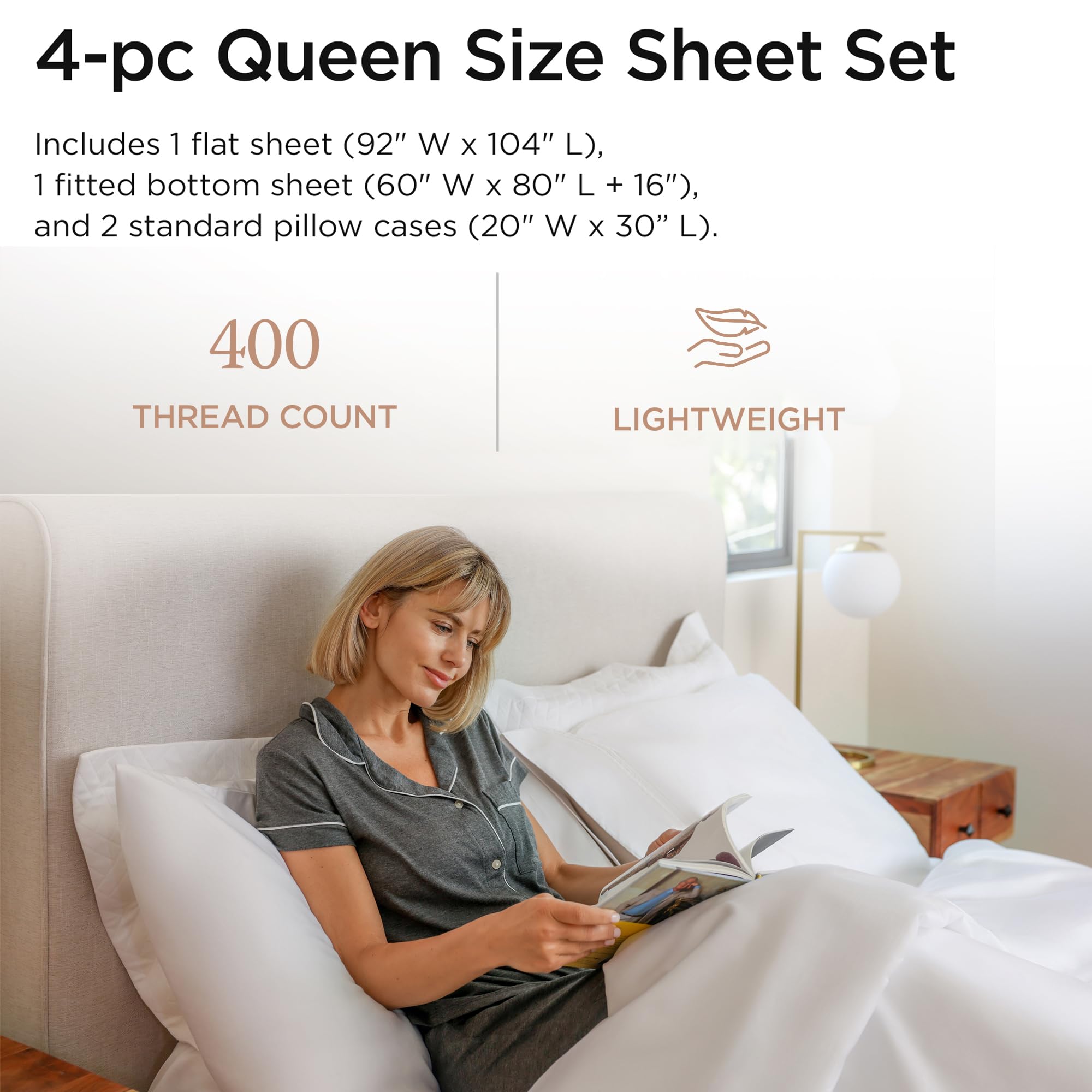 Threadmill Egyptian Cotton Queen Sheet Set | 100% Certified Egyptian Cotton Sheets for Queen Size Bed | Queen Bed Sheets Set with Snug Fit 16" Deep Pocket | Soft Cooling Sateen Bedding Set | White