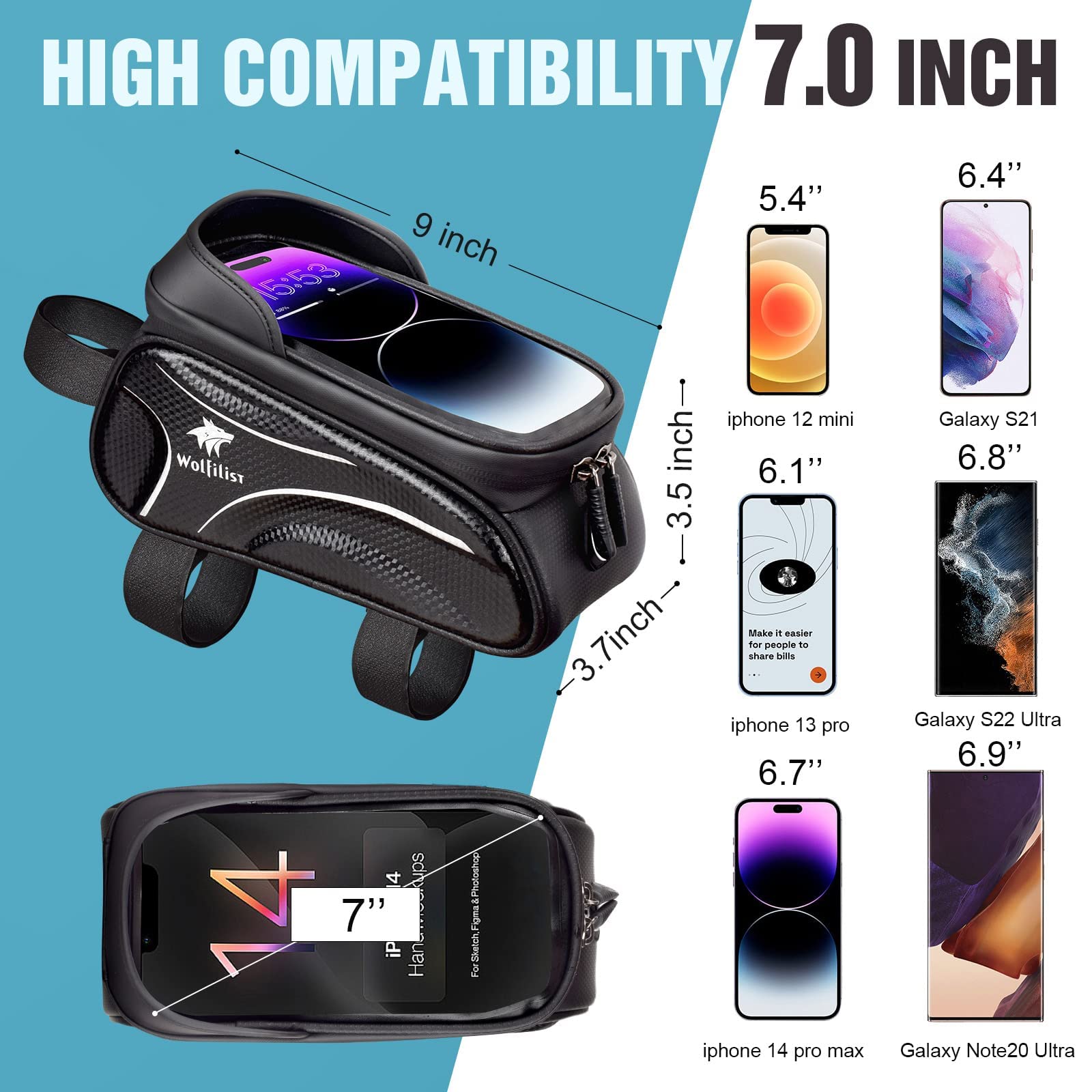 WOLFILIST Bike Bag - Bike Phone Holder with TPU Sensitive Touch Screen, Handlebar Bag Bicycle Accessories