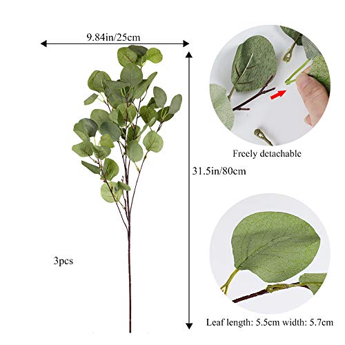 XHXSTORE 3Pcs Artificial Greenery Stems Fake Greenery Eucalyptus Leaf Artificial Silver Dollar Eucalyptus Stem Branch for Party Wedding Garden Home Office Outdoor Indoor Decor