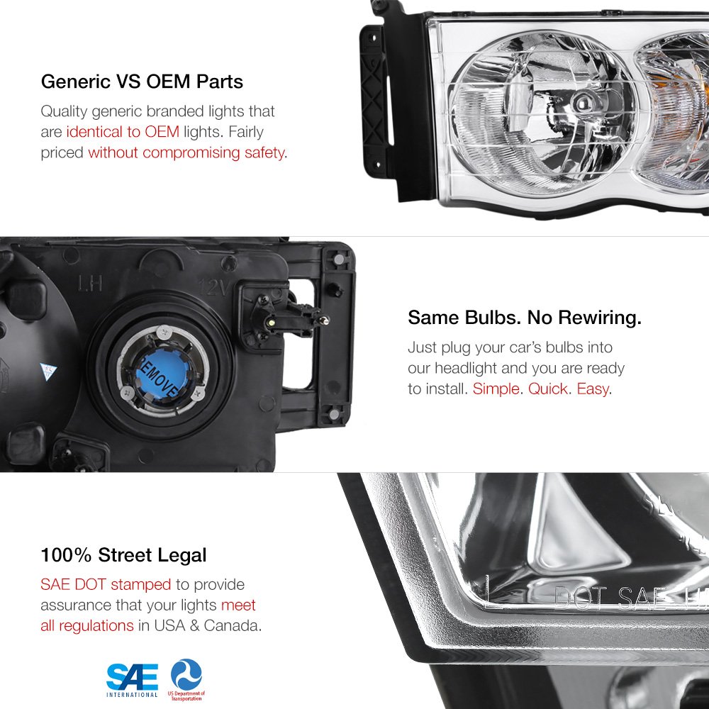 VIPMOTOZ Chrome Housing OE-Style Headlight Headlamp Assembly For 2002-2005 Compatible with Dodge RAM 1500 2500 3500 Pickup Truck, Driver & Passenger Side