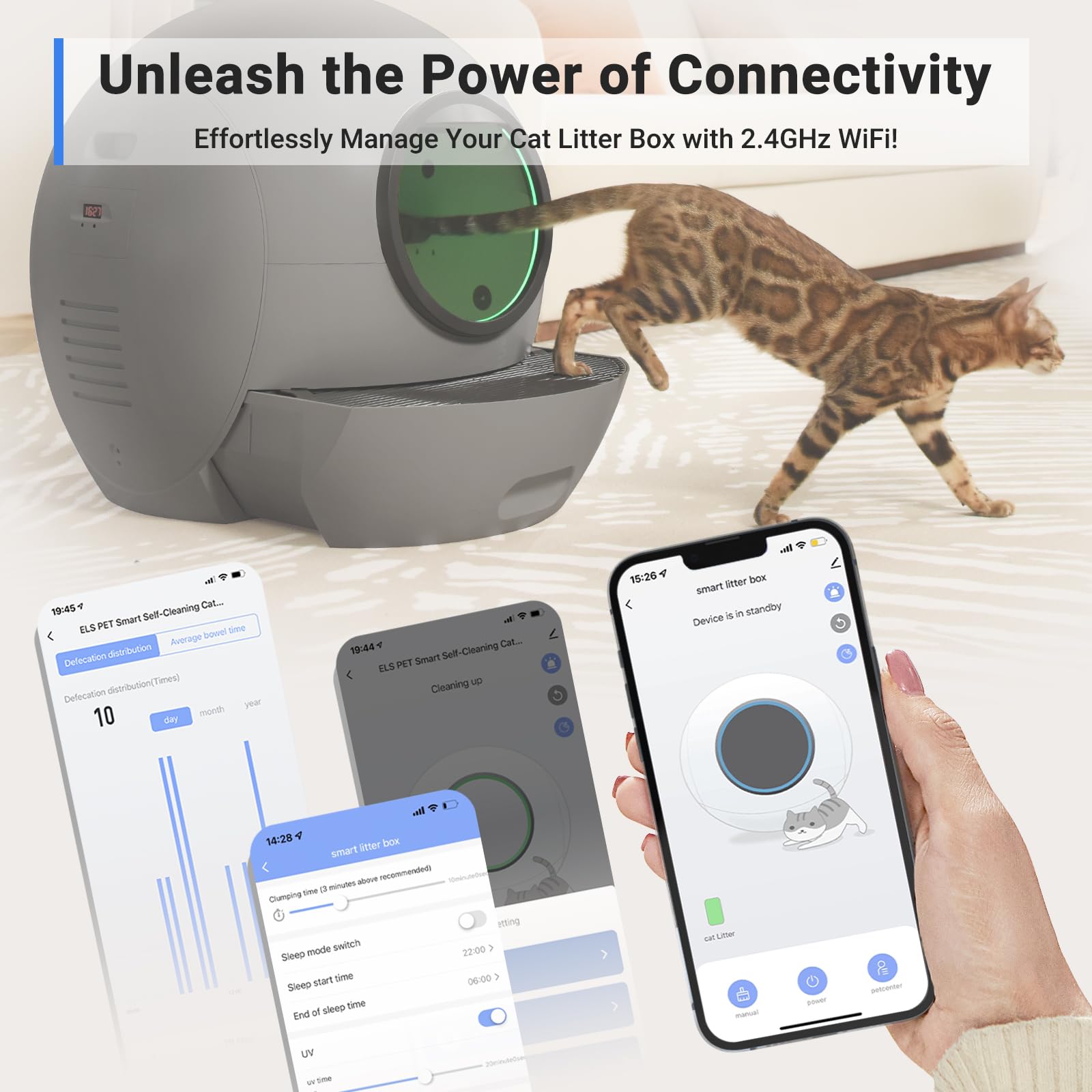 Self Cleaning Cat Litter Box: ELS PET Hands-Off 60L Extra Large Cat Litter Box, Odor Eliminating Smart Litter Box with APP Control, 2.4Ghz WiFi Only, Automatic Cat Litter Box for Multiple Cats