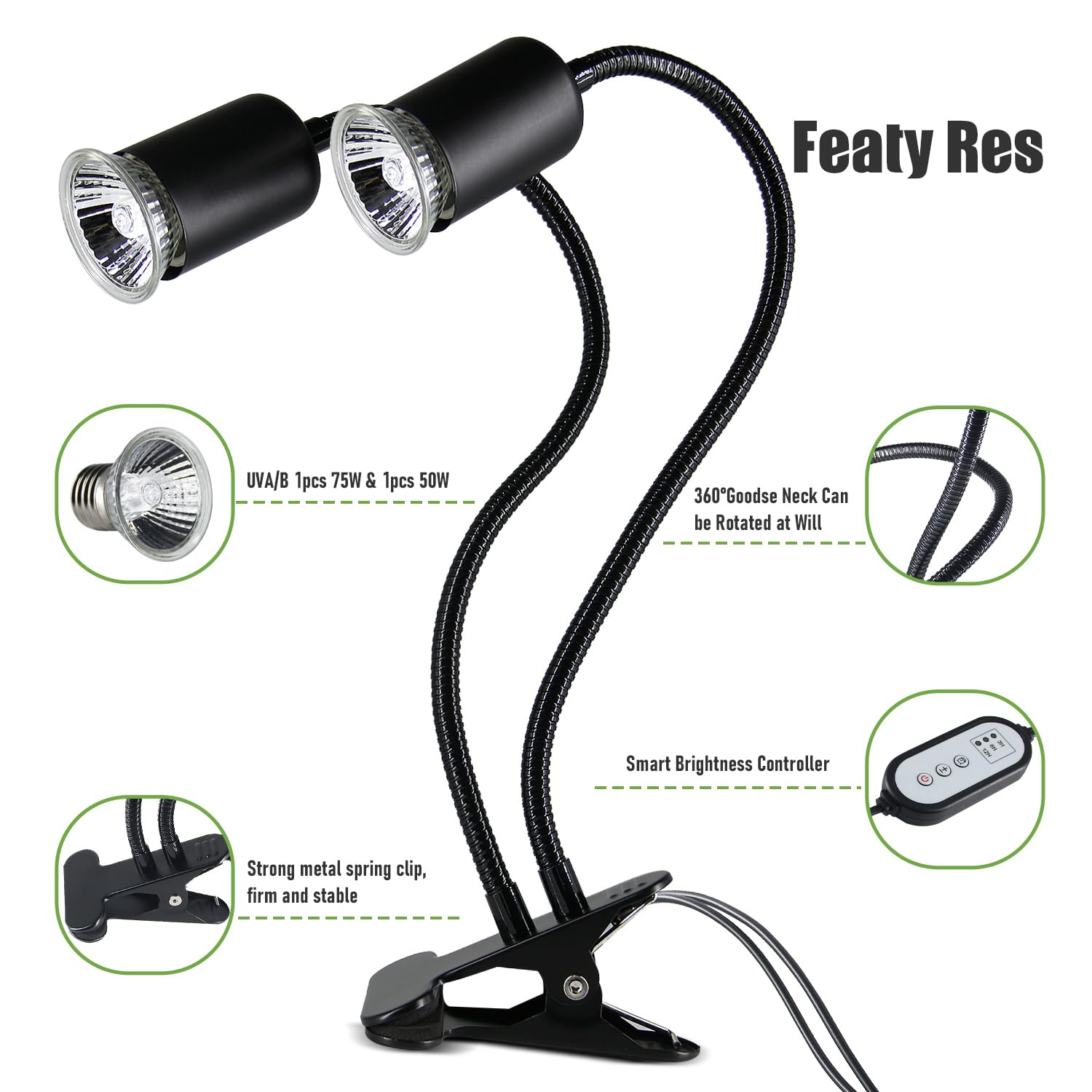 TFNN Reptile Heat Lamp, Double-Head Heat Lamp with Clamp, UVA UVB Reptile Light with Intelligent Cycle Timer for Turtle, Bearded Dragon, Lizard and More, 2 Bulbs 50W+75W