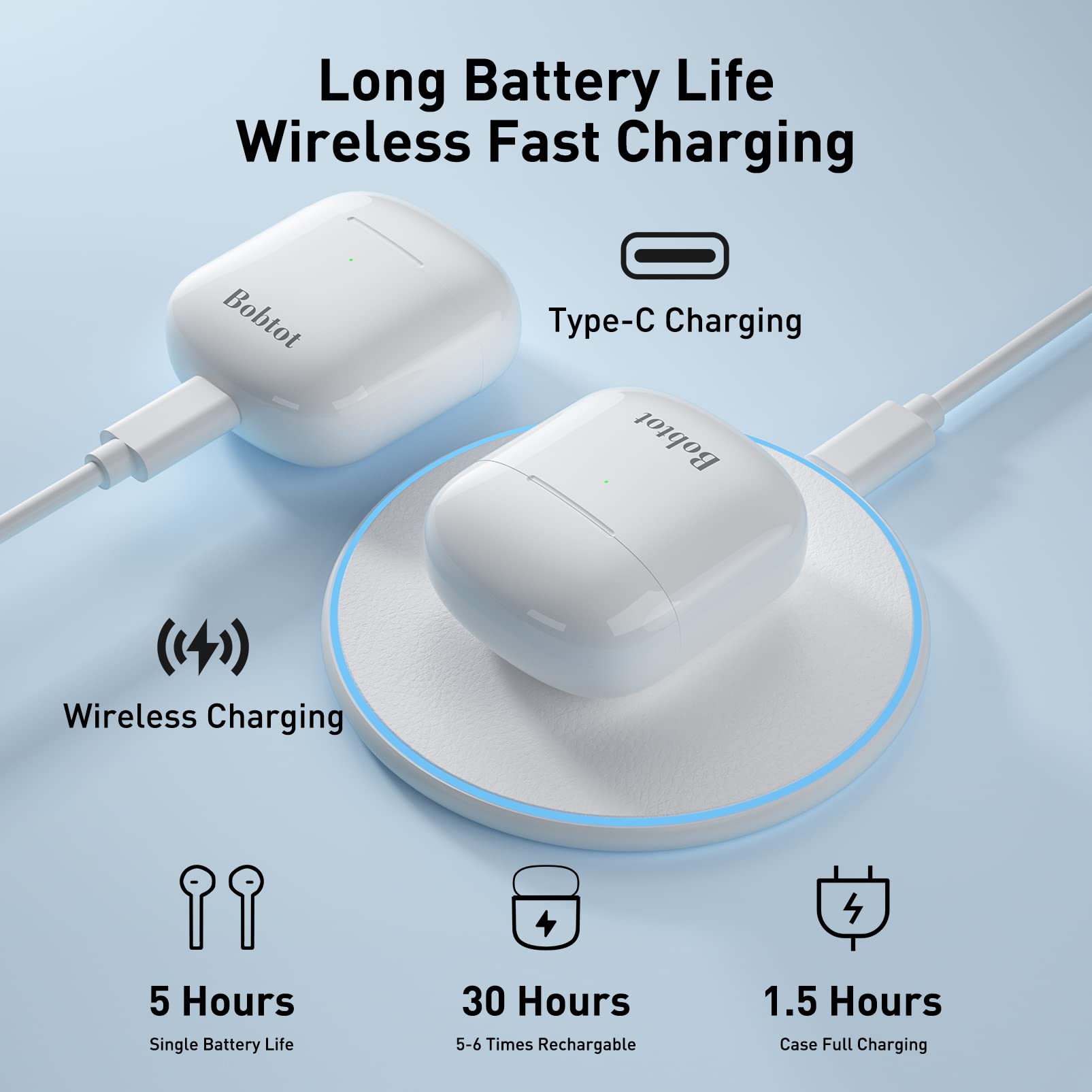 Wireless Earbuds Bluetooth Headphones - 30H Playtime with USB C Charging Case Stereo Bass Earphones Touch Control Sport in-Ear Bluetooth Earbuds with Built-in Noise Cancelling Mic for Android iPhone