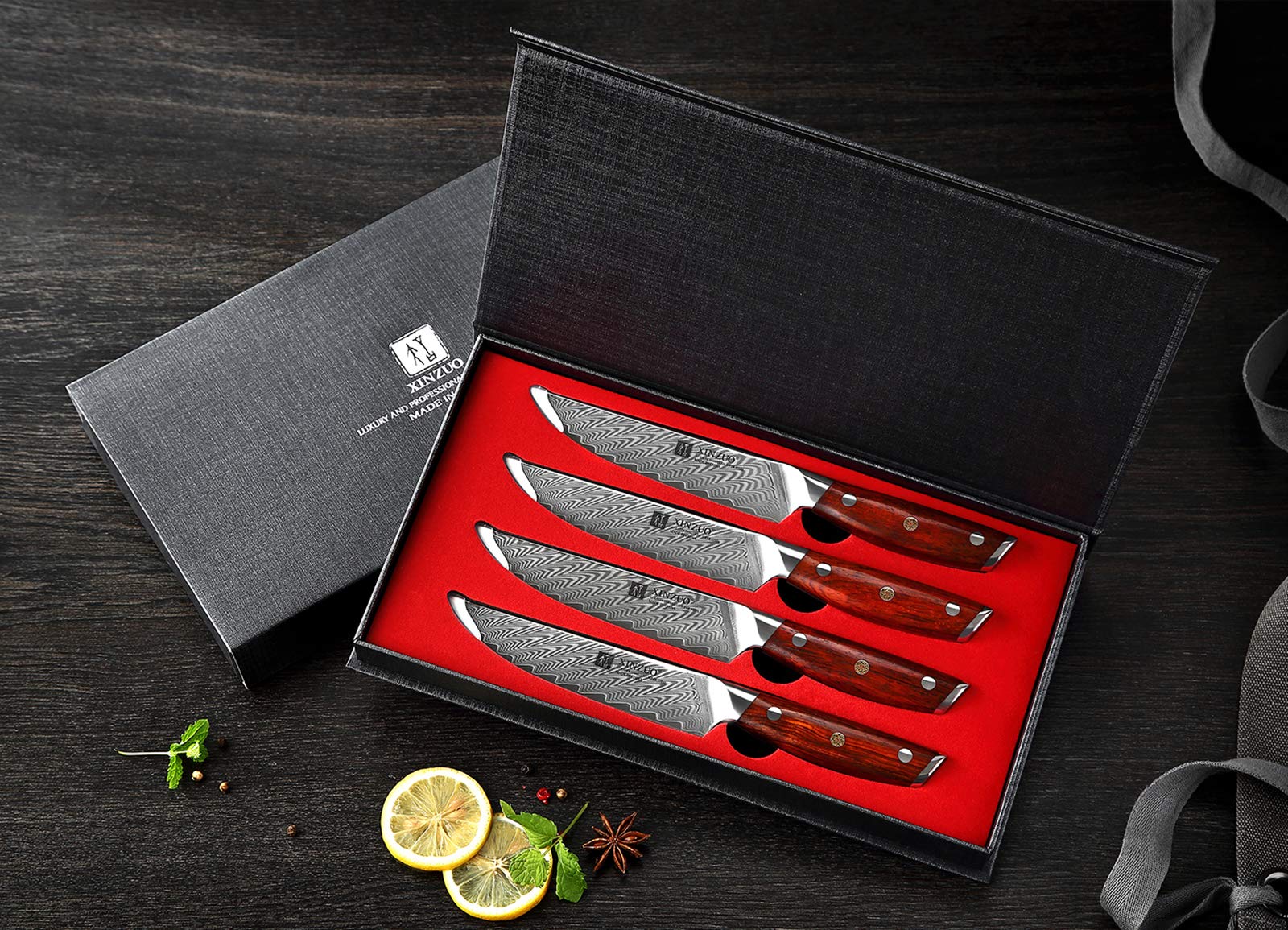 XINZUO Damascus Steel 4Pcs Steak Knife Set, 5 Inch Premium Dinner Knife Set Sharp Kitchen Table Knives -Straight Edge Blade -Triple Rivet -with Gift Box -Ergonomic Rosewood Handle-Yi Series