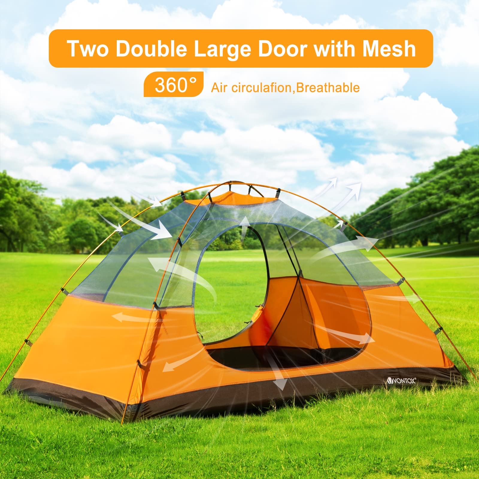 V VONTOX 2-3 Person Ultralight Backpacking Tent, Orange, Waterproof, Windproof, 86.6 x 48.4 in, 31 sqm