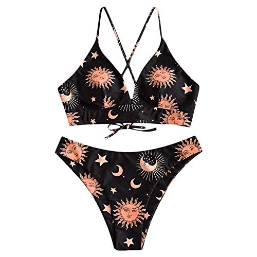 ZAFUL Star Sun Moon Print Bathing Suits for Women Back Criss Cross Lace-up Triangle Bikini (1-Black M)