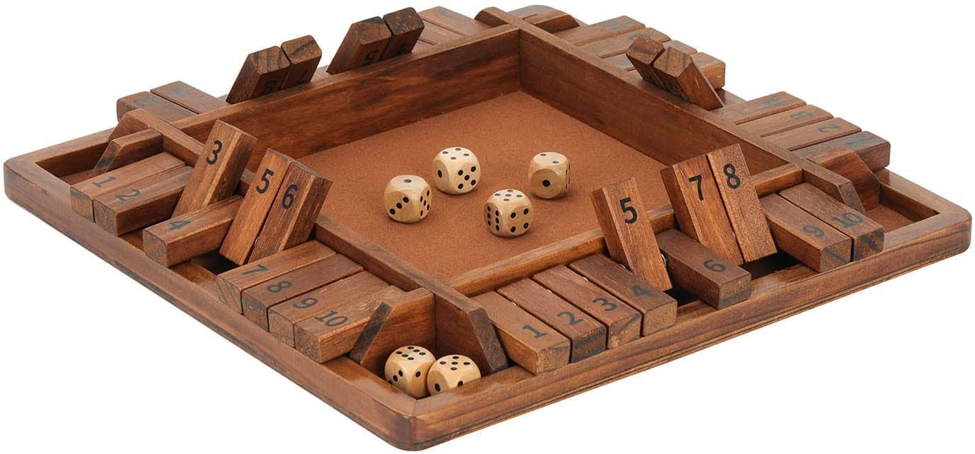 TUAHOO 4-Player Shut The Box Dice Game Wooden Board Dice Game with Number Flip, Classics Tabletop Board Game for Kids Adults Family Party Classroom Home or Pub Bar, 12 inch