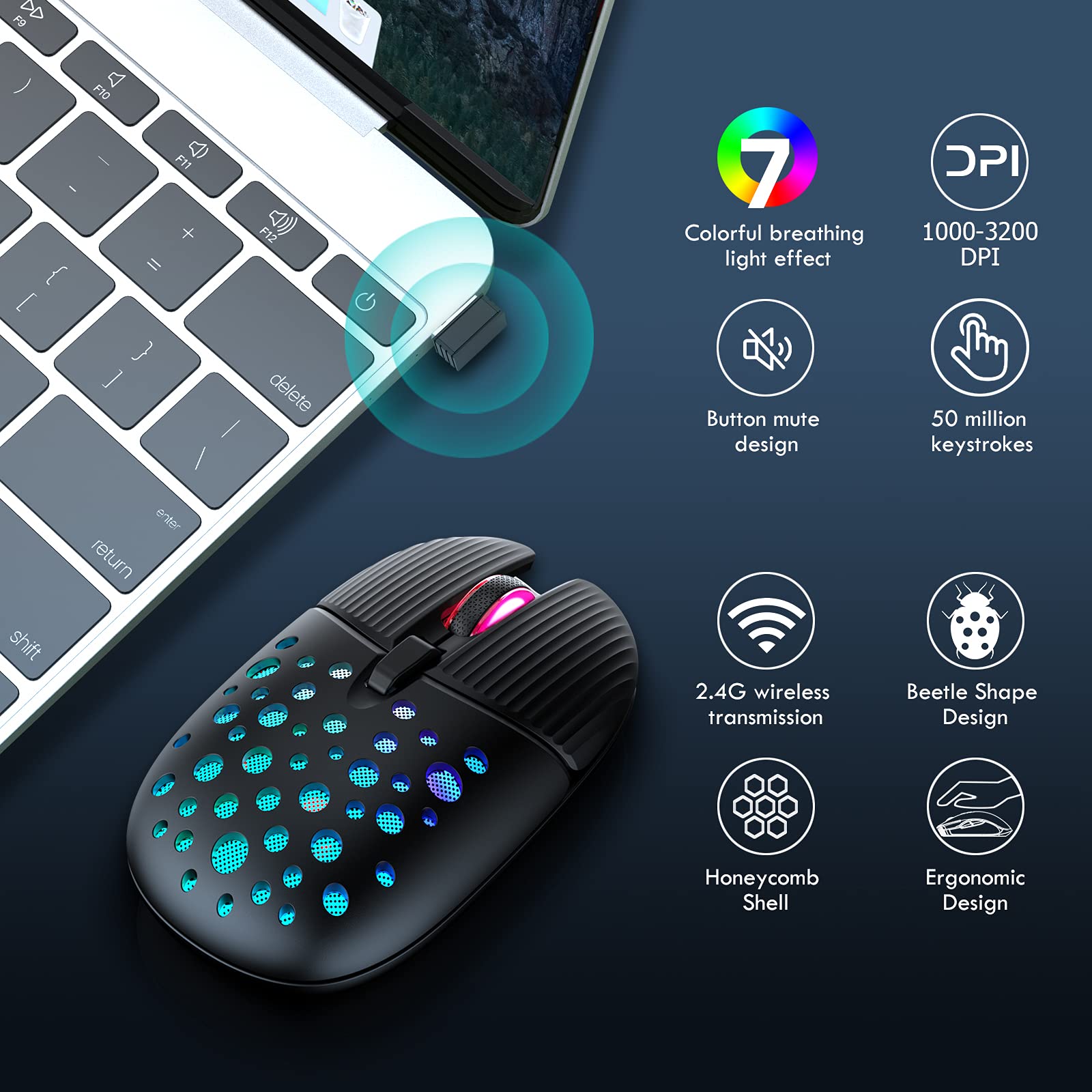 Wireless Gaming Mouse, 2.4G Portable Computer Mouse with Honeycomb Shell, Adjustable DPI, Silent Click, 7 Changeable LED Color Ergonomic Optical Gamer Mice for Laptop PC Gamer Computer Desktop(Black)