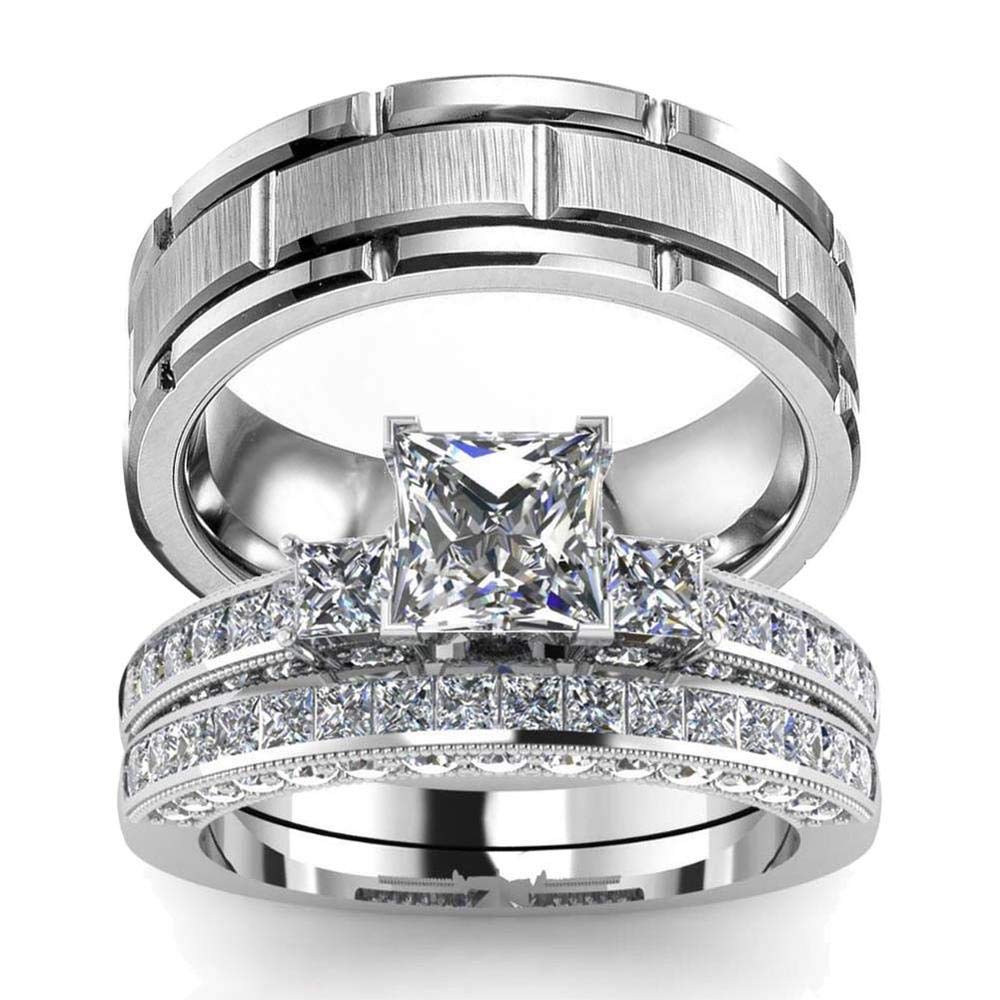 TWO RINGS Wedding Ring Sets His And Hers Promise Ring Couples Bridal Sets Women 925 Sterling Silver square Cz Man Stainless Steel Brushed Finished Wedding Bands