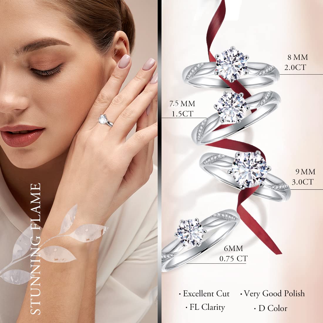 Stunning Flame 0.75ct Solitaire Engagement Ring White Gold Plated Sterling Silver Cubic Zirconia Wedding for Women | Excellent Cut, D Color, FL Clarity & Exquisite Polish| Size 6