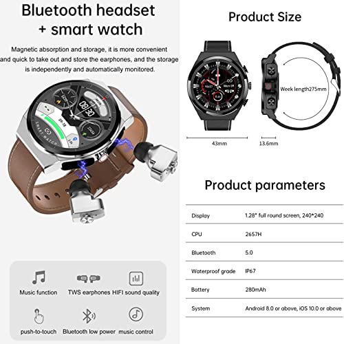 Tuanzi JM08 2 in 1 Smart Watch with Earbuds 1.28" Smartwatch TWS HiFi Stereo Wireless Headset Combo Bluetooth Phone Call for Android iOS (Black Silicone)