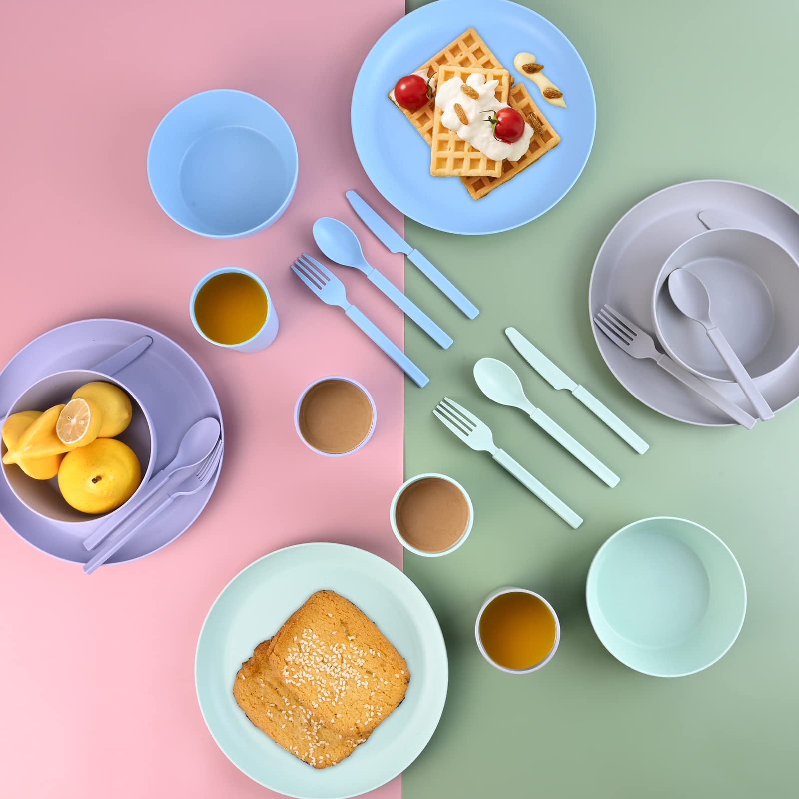 Wheat Straw Dinnerware Sets - 24 pcs Lightweight Bowls Unbreakable Dish Set Dishwasher Microwave Safe Wheat Straw Cups Cutlery Plates and Bowls Set for 4 Suitable for Camping Party Grill(Four Colors)