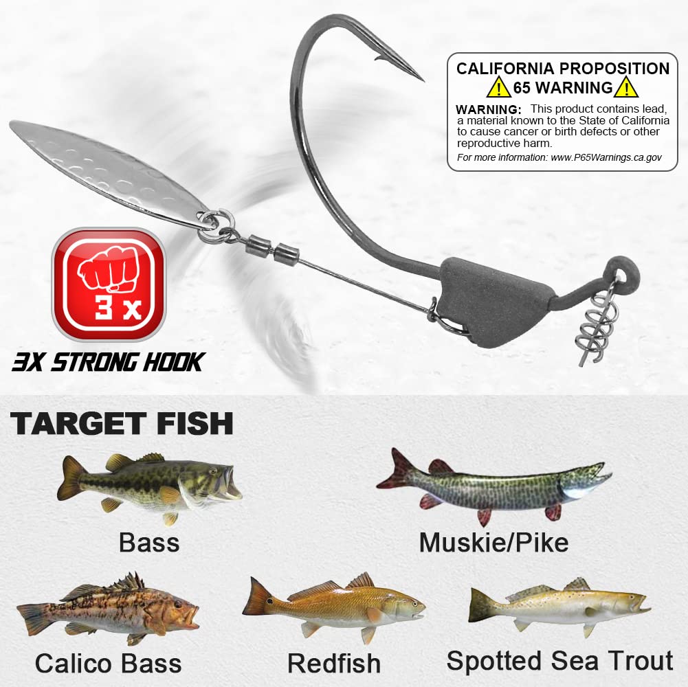 Underspin-Jig-Heads-Swimbait-Hooks-with-Spinner Blades Weighted Fishing Hooks 6 Pack (Silver, Size 3/0,3/16oz 5.4g, 6-pack)