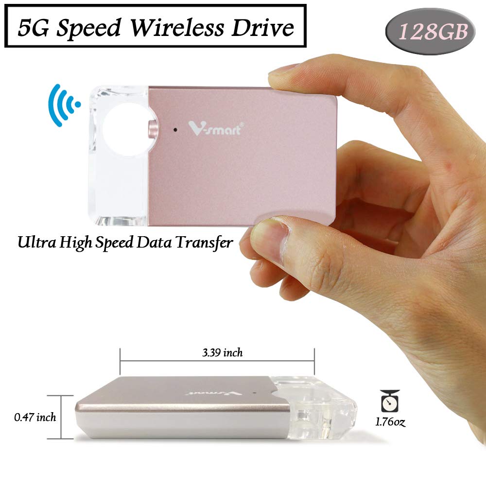 V-Smart CrystalDisk 5G Wireless Transmission USB Flash Drive | Super-Fast Speed, Universal External Storage Drive for iPhone, Android, Tablets, Computers | (128GB, Rose Gold)
