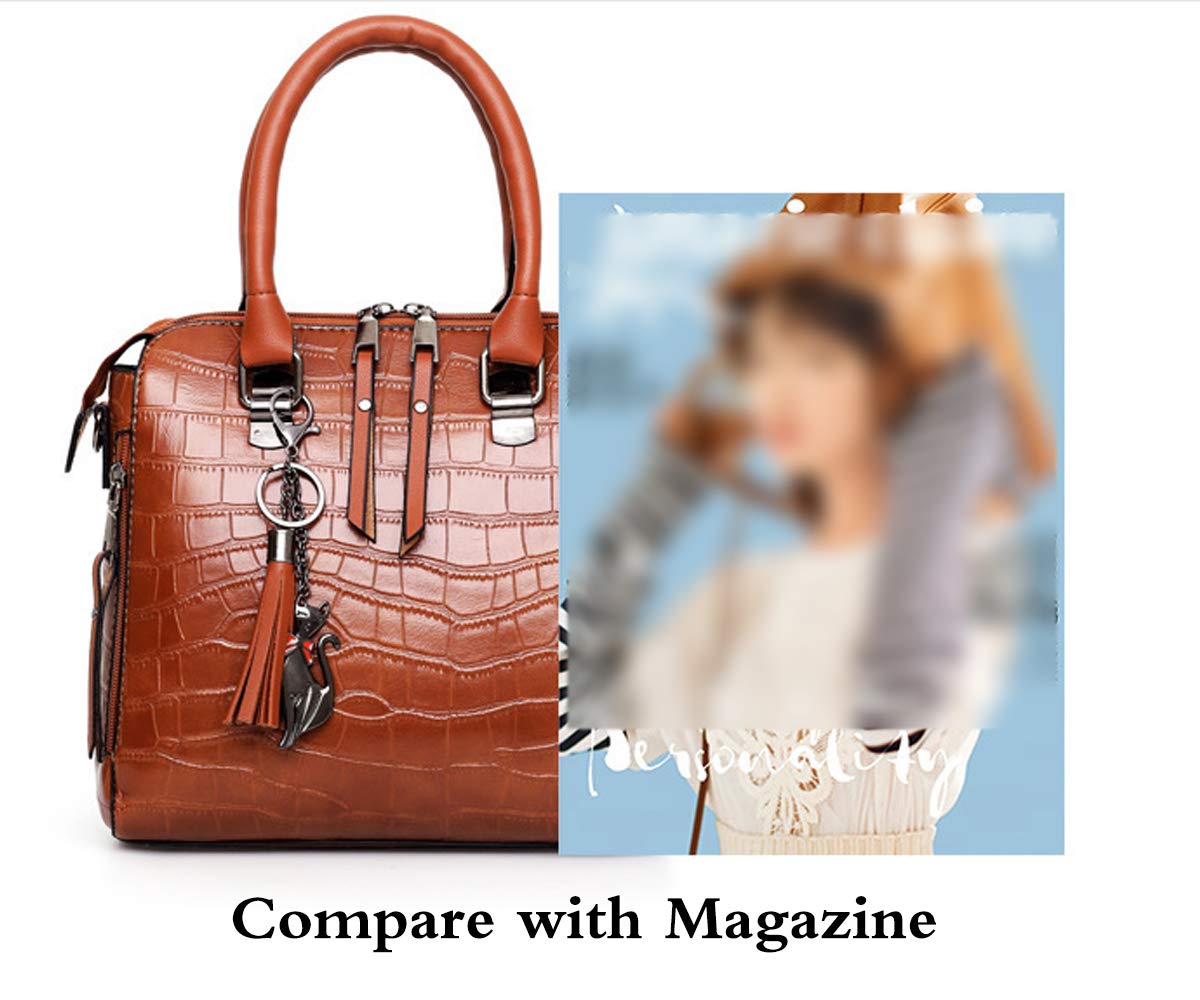 Women Handbag and Purse 4pcs Wax PU Tote Set Shoulder Top Handle Bag Satchel Clutch Card Holder wtih Tassel Brown