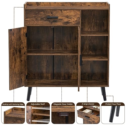 usikey Storage Cabinet, Floor Storage Cabinet with 2 Doors & 3 Shelves, Mid Century Cabinet, Accent Cabinet for Living Room, Entryway, Office, Rustic Brown