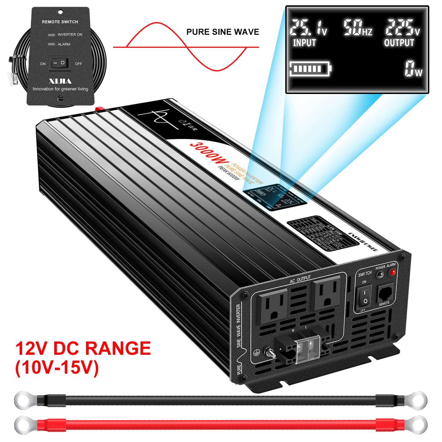 XIJIA 3000W (Peak 6000W) Pure Sine Wave Power Inverter DC 12V to AC 120V 60HZ Solar Converter for Home Use car Remote Control (DC12V (Range 10V-15V) 3000W)