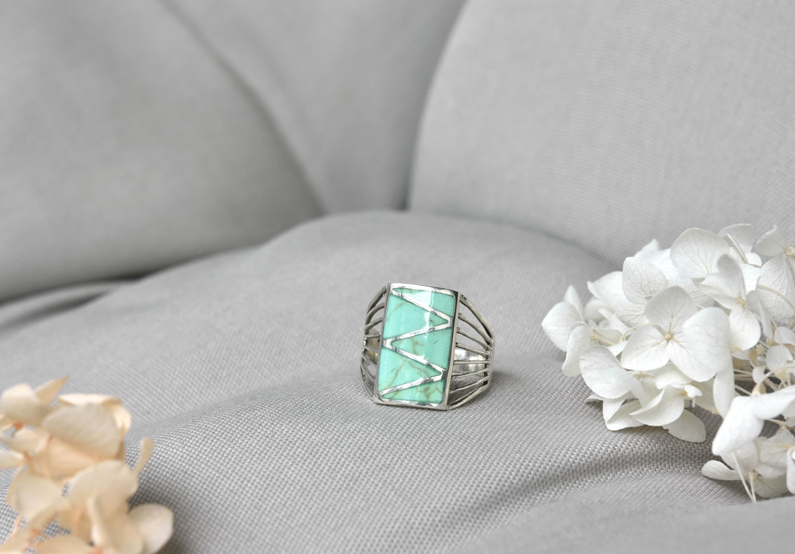 Stripe Line Zig-Zag Simulated Turquoise .925 Sterling Silver Ring (8)