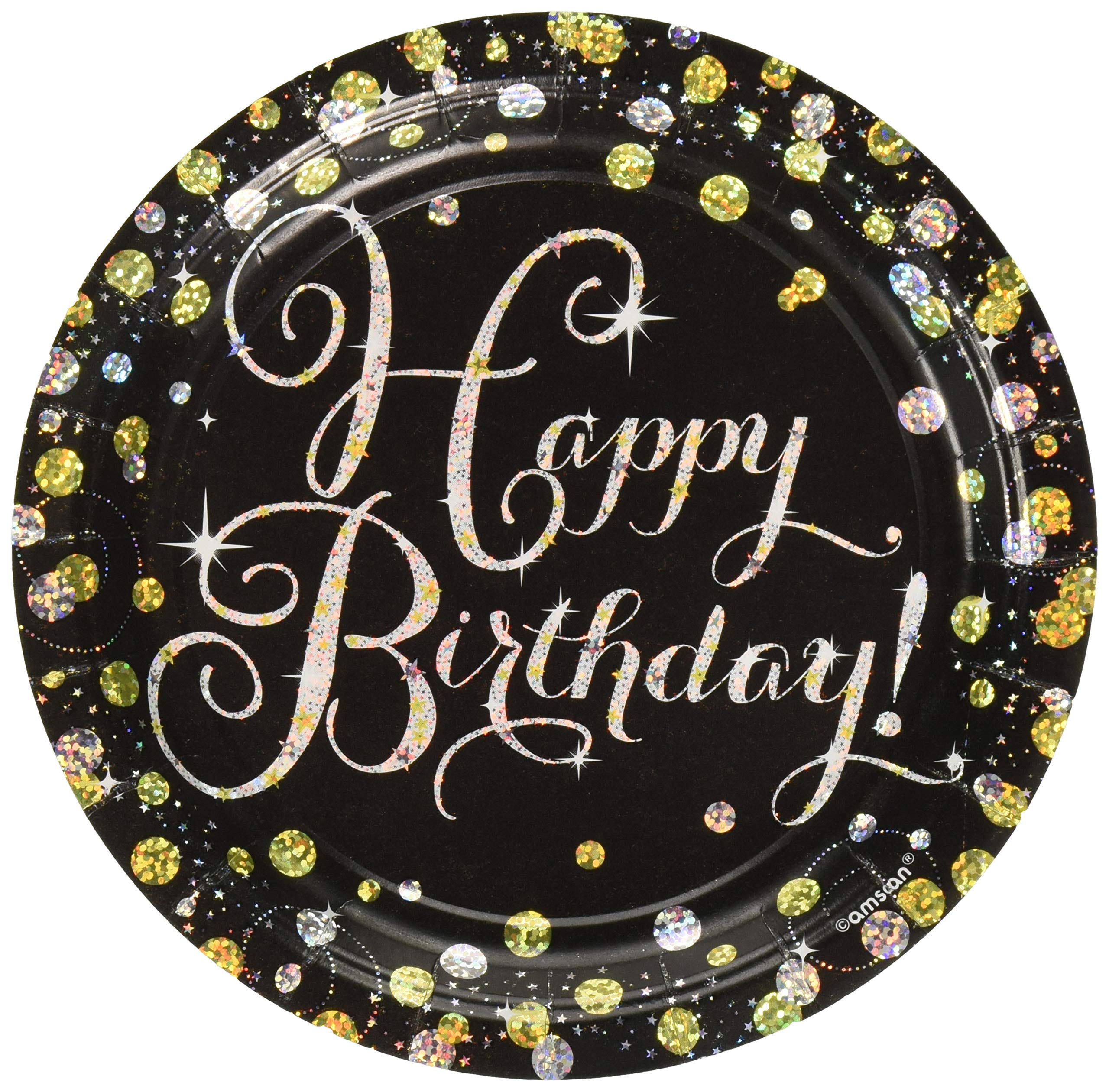Sparkling "Happy Birthday" Celebration Round Prismatic Plates, 7" (Pack of 8) - Dazzling Black, Silver & Gold Party Plates, Perfect for a Sophisticated Birthday Bash