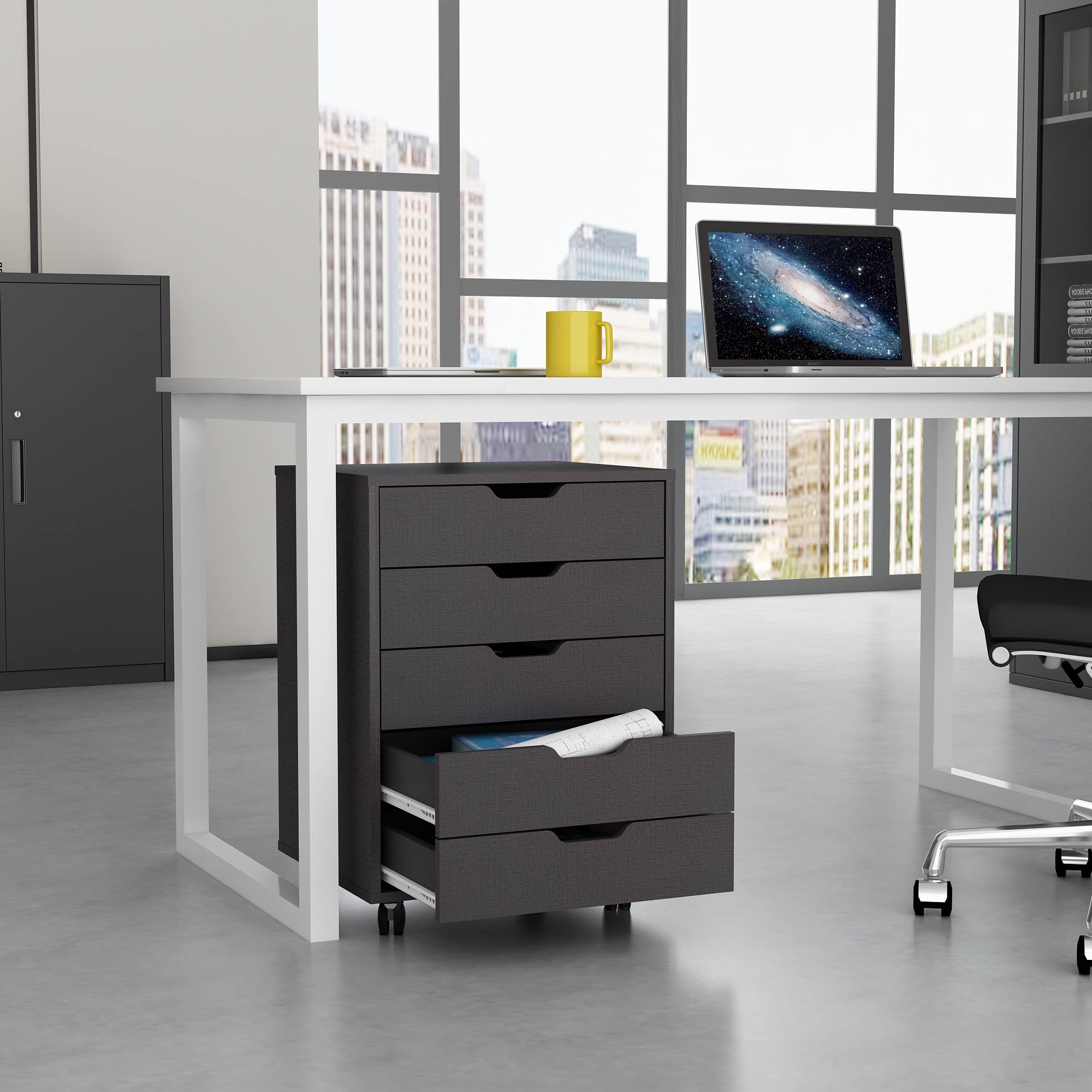 SANYOAC 5 Drawer Chest, Mobile File Cabinet with Wheels, Wood Storage Cabinets, Home Office Storage Cabinet, Mobile Lateral Printer Stand with Removable Wheels(Grey)