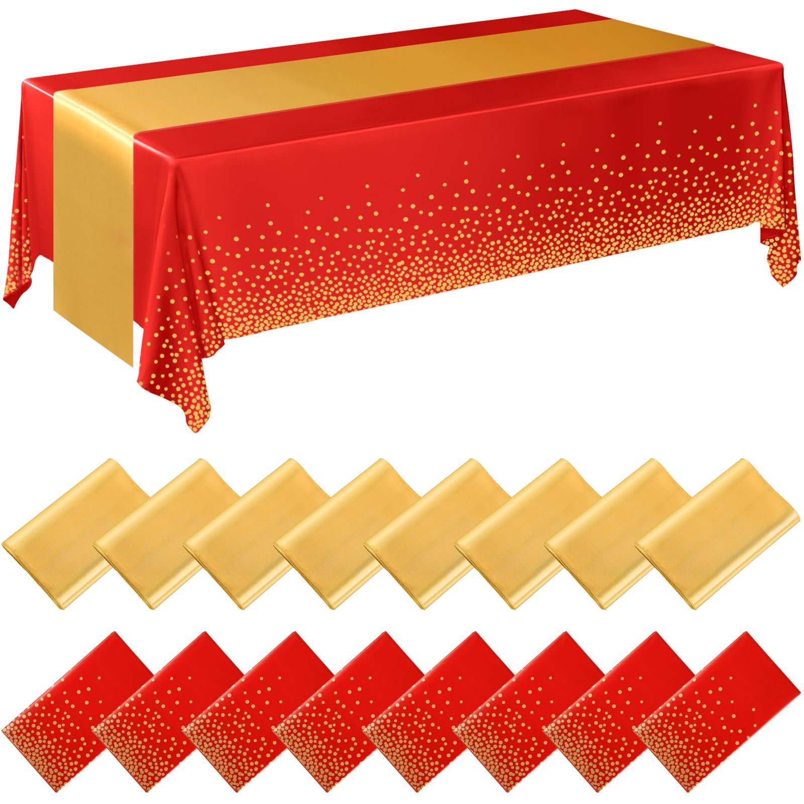 Tudomro 16 Pieces Disposable Tablecloth Plastic Rectangle Table Cloth Table Cover 54 x 108 Inch with 12 x 108 Inch Satin Table Runner for Wedding Birthday Party Decorations (Red,Gold)