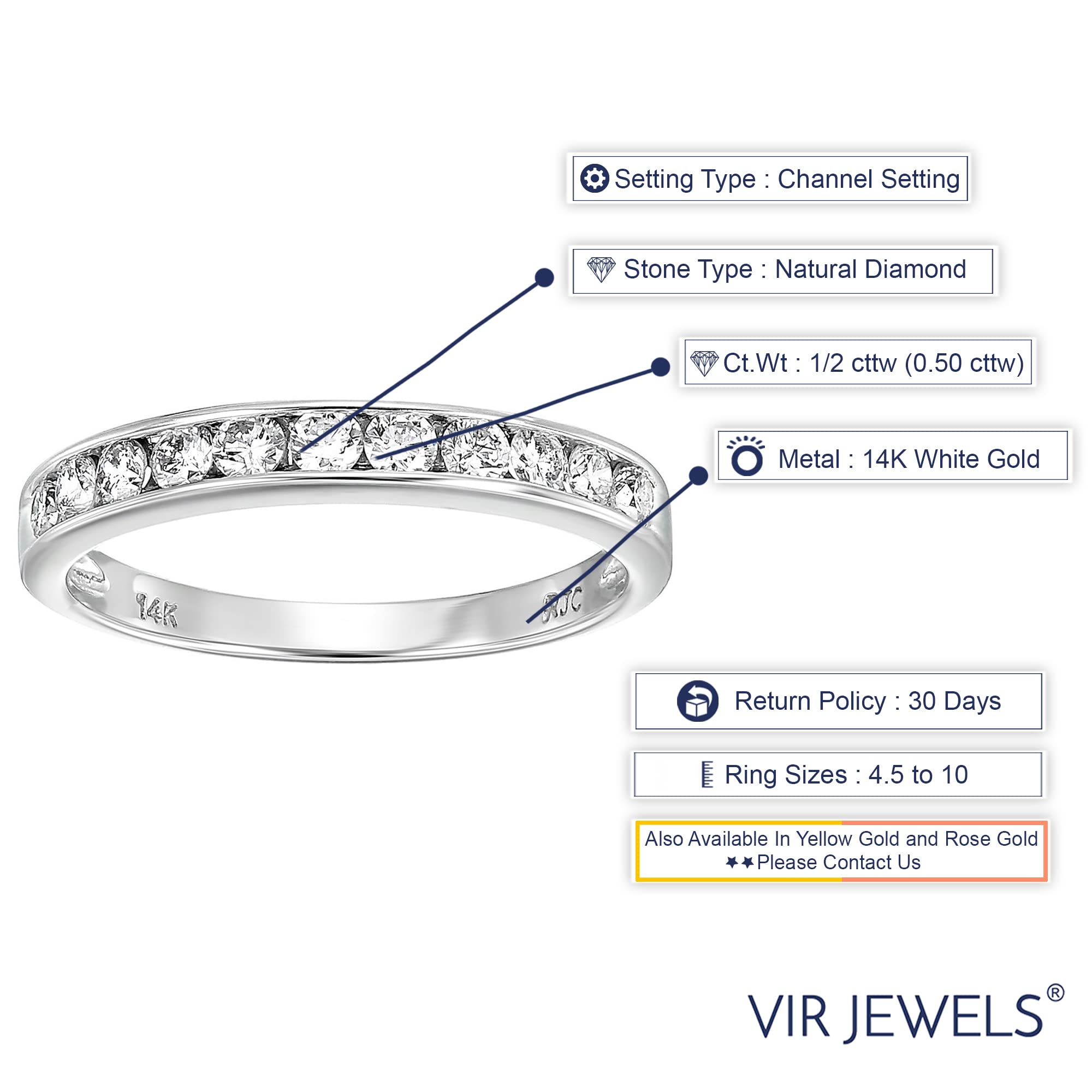 Vir Jewels 1/2 carat (ctw) Diamond Wedding Anniversary Band for Women, Half Eternity Round Diamond Engagement Ring 14K White Gold Channel Set 0.50 cttw, Size 4.5