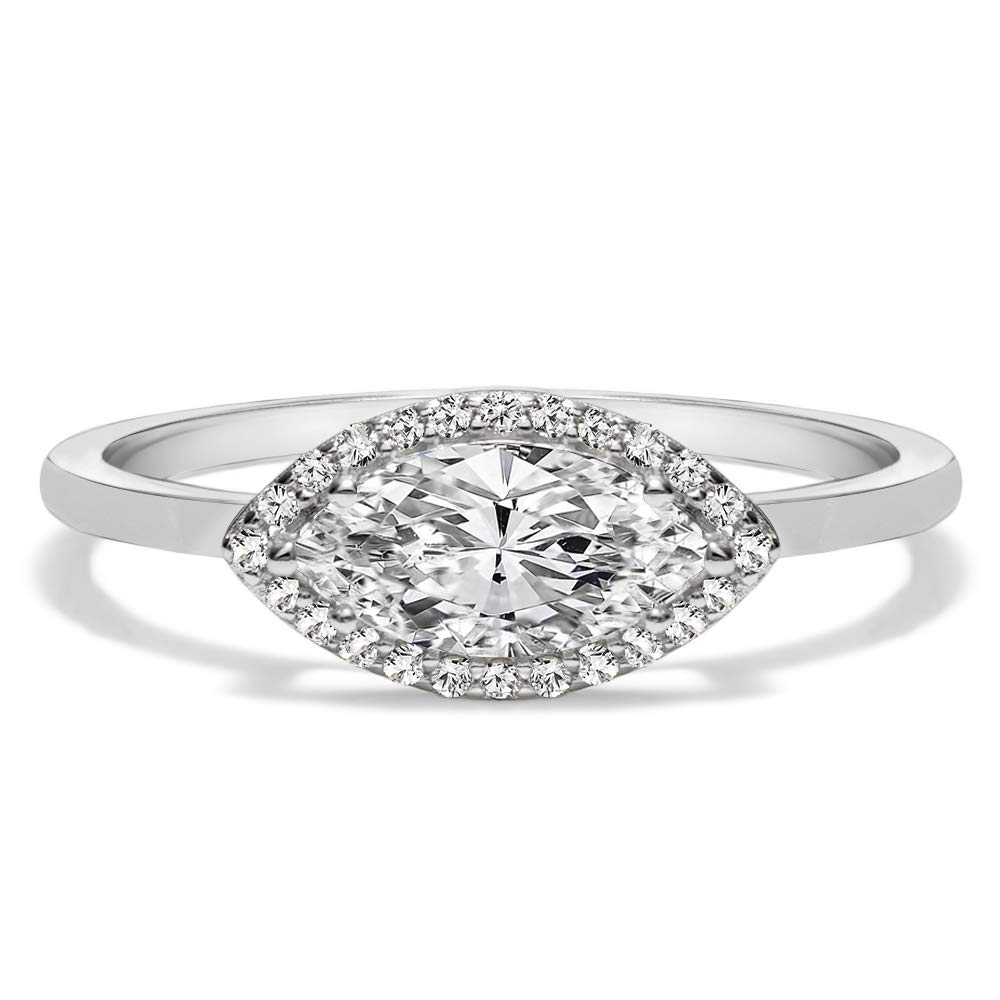 TwoBirch 18k White Gold Microplated East West Marquise Three Ring Bridal Set with Plain Contour Band and Tiara Prong Style Curved Ring (925 Silver, Size 7)