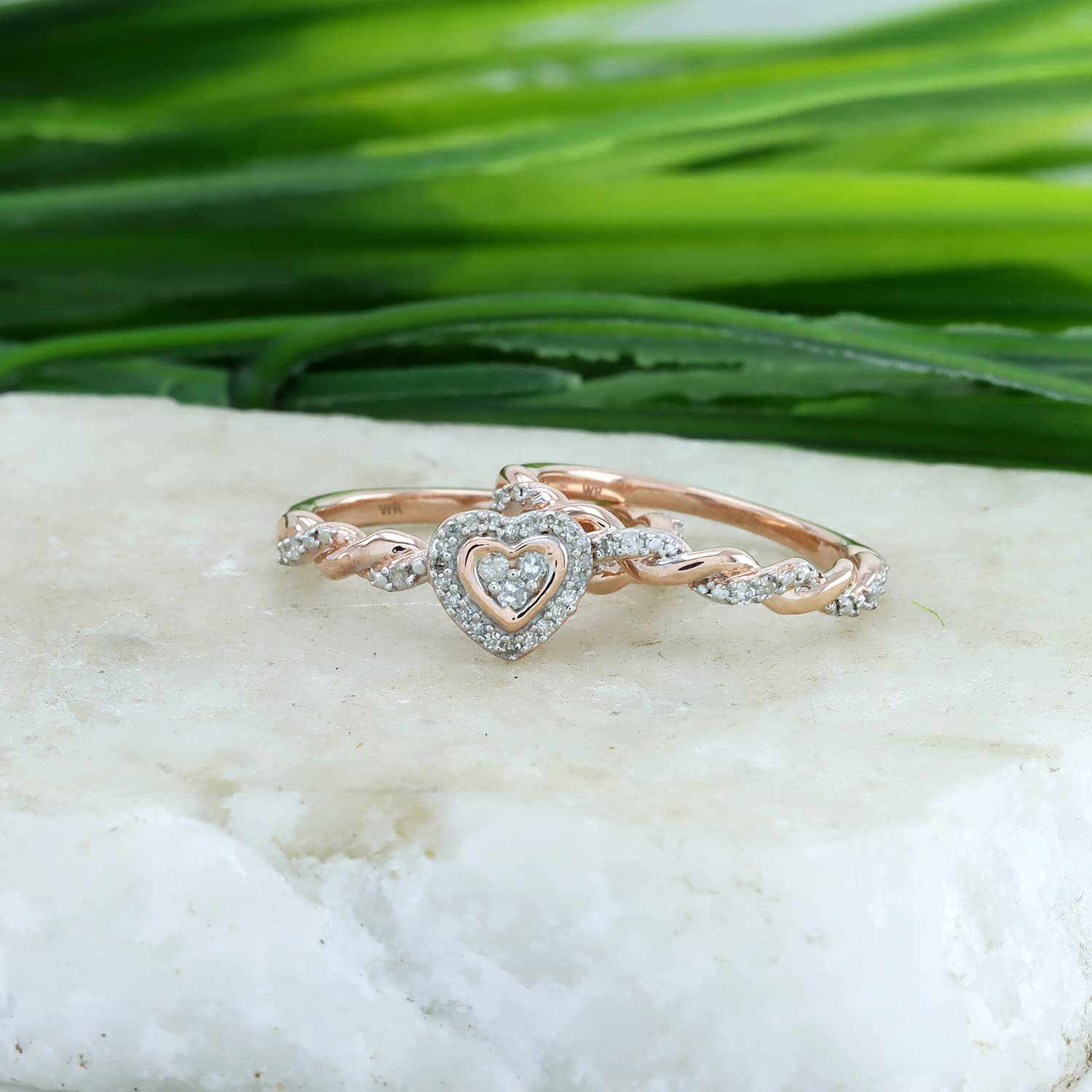 Wishrocks 1/5 Carat Round Cut White Natural Diamond Heart Shape Frame Twist Bridal Ring Set in 14k Rose Gold Over Sterling Silver (0.20 Cttw, Color- I-J, Clarity- I2) Ring Size- 8.5