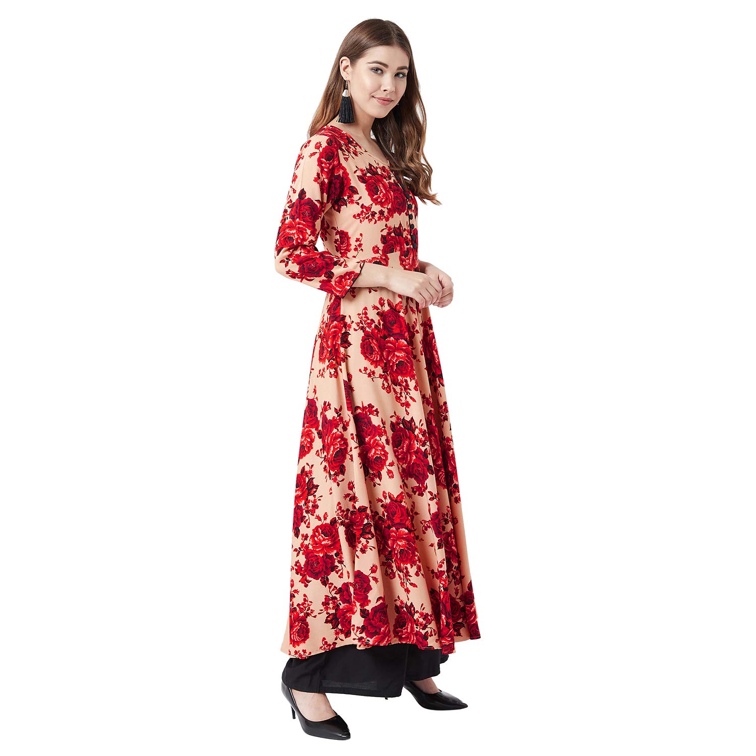Tissu Women's Rayon Beige Floral Printed Flared Kurta (Beige_XXL)